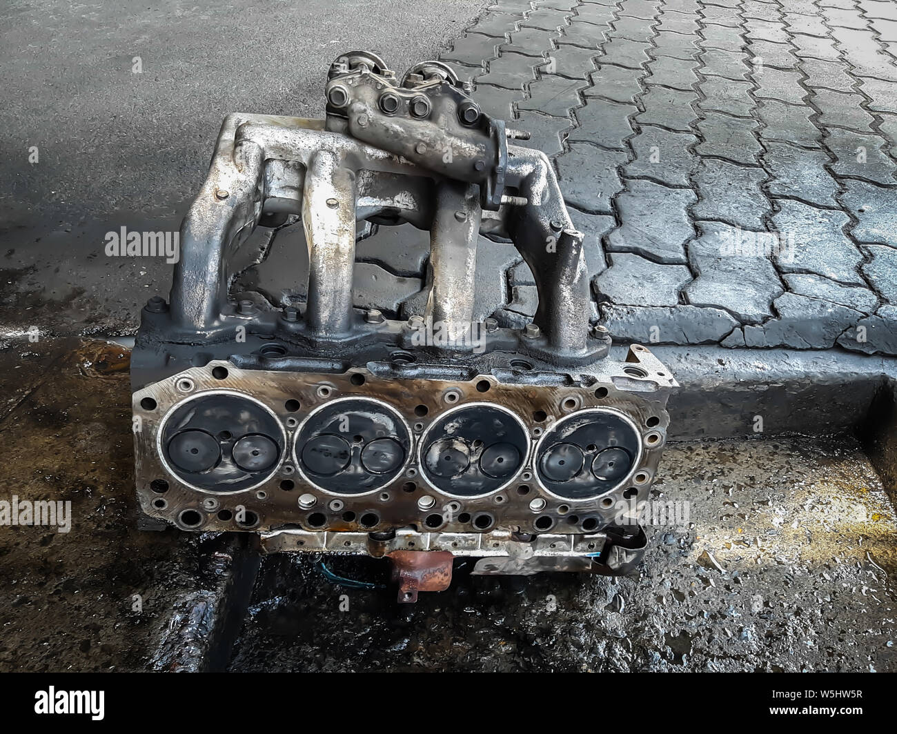 The cylinder block of the four-cylinder engine. Disassembled motor ...