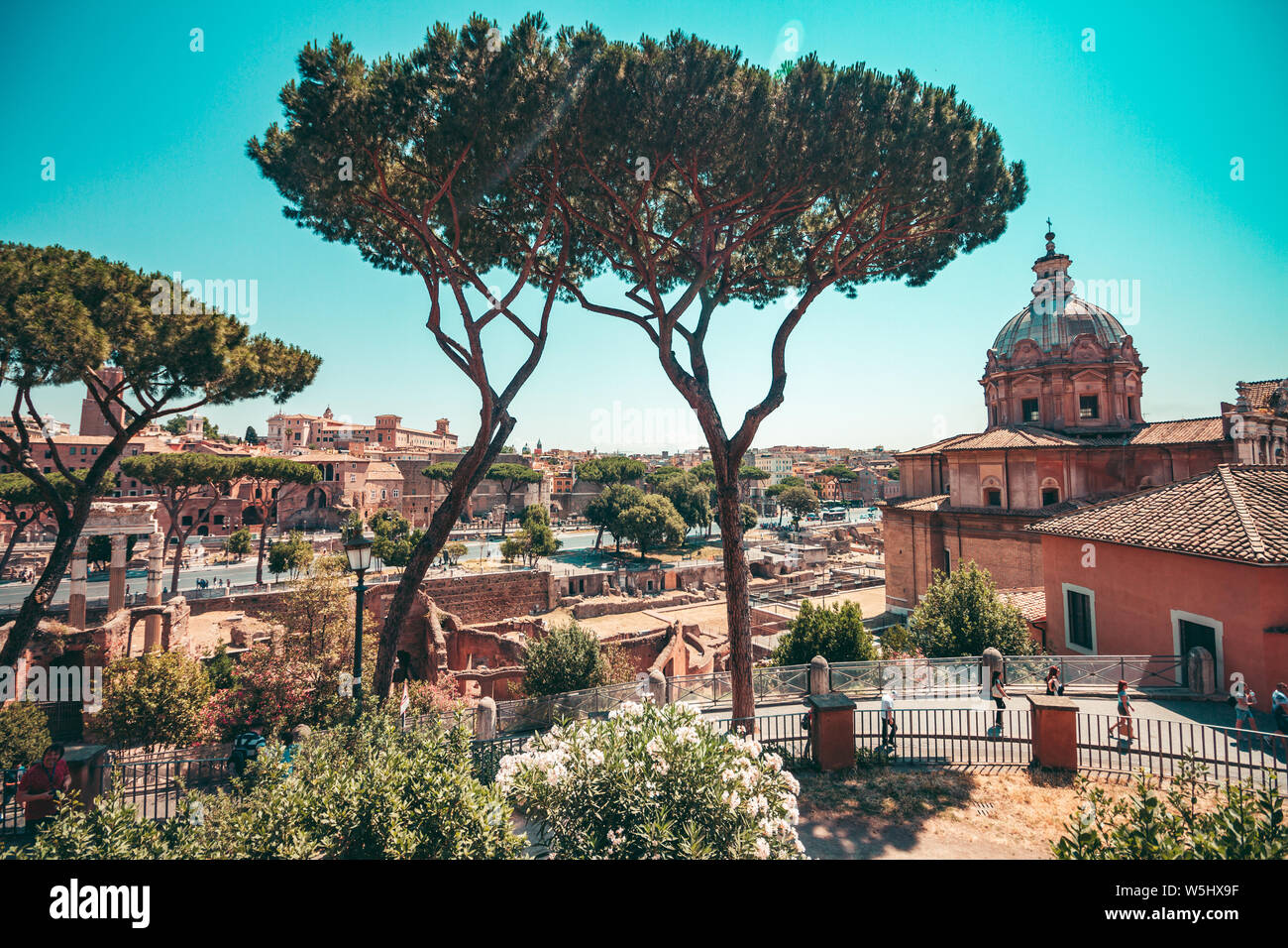 A typical landscape of Rome with tall trees and ancient buildings Stock ...