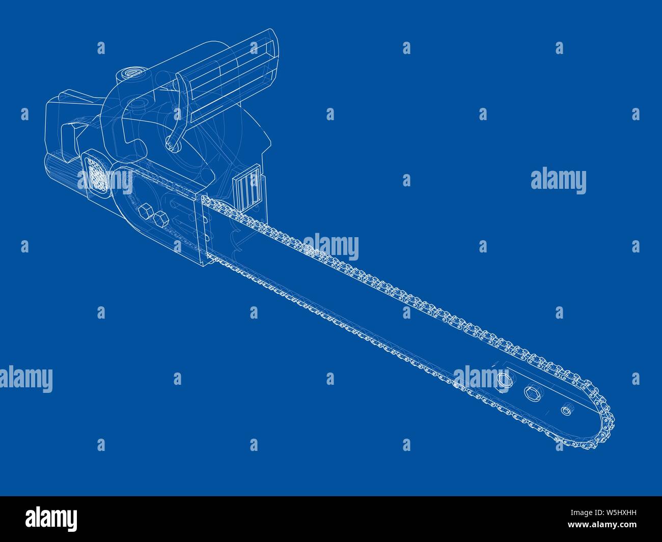 Chain saw. Vector rendering of 3d. Wire-frame style. The layers of ...