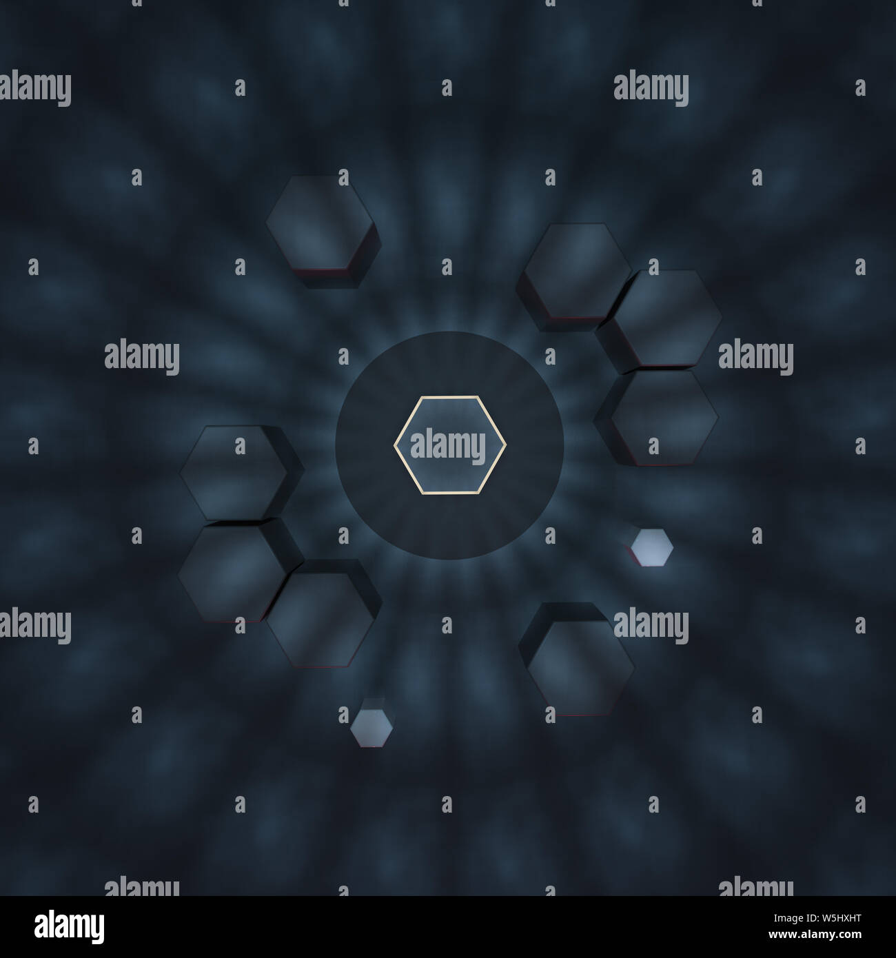 Hexagon cube with dark background, surrounded by glowing lines, 3d ...