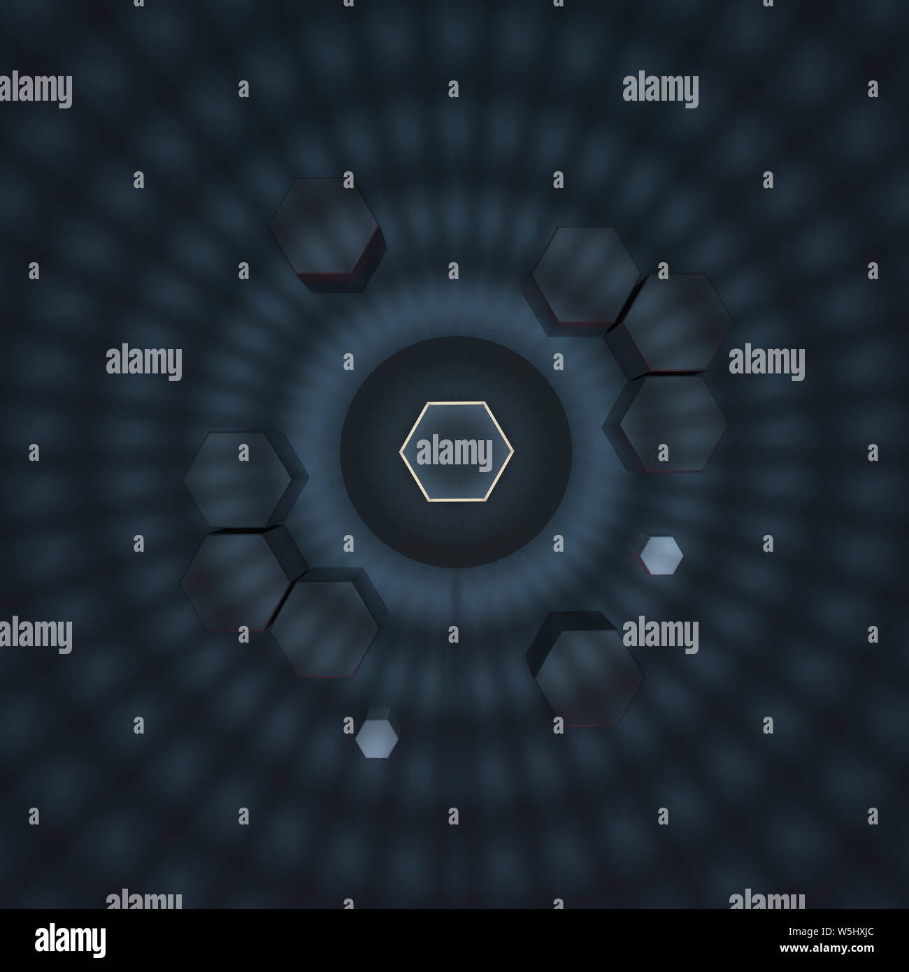 Hexagon cube with dark background, surrounded by glowing lines, 3d ...