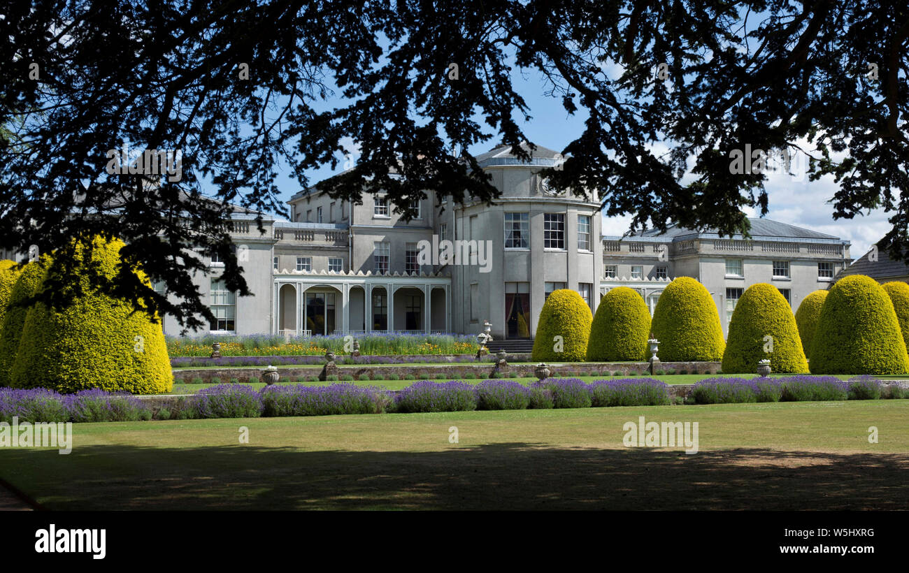 Shugborough mansion house with clipped Yew domes ornate water fountain ...