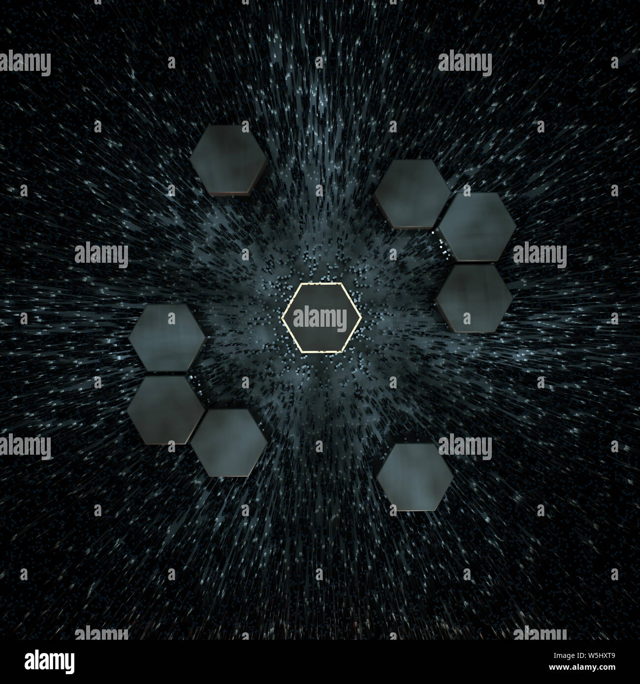 Hexagon cube with dark background, surrounded by glowing lines, 3d ...