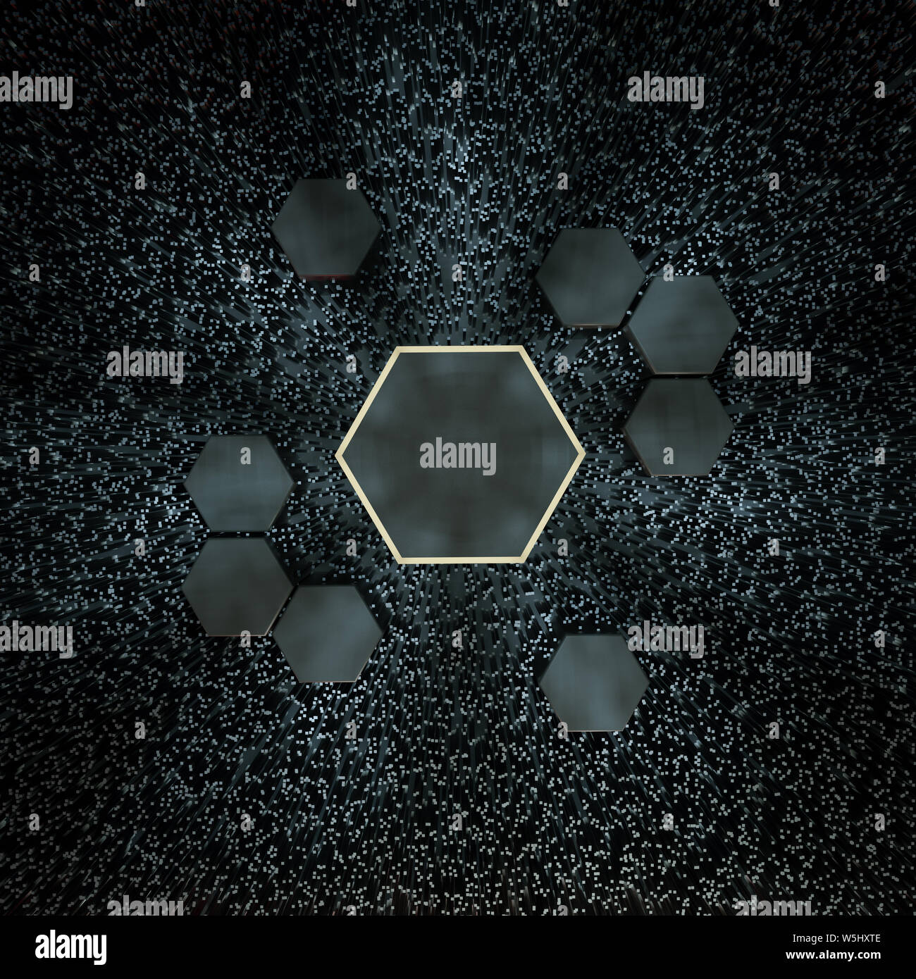 Hexagon cube with dark background, surrounded by glowing lines, 3d ...