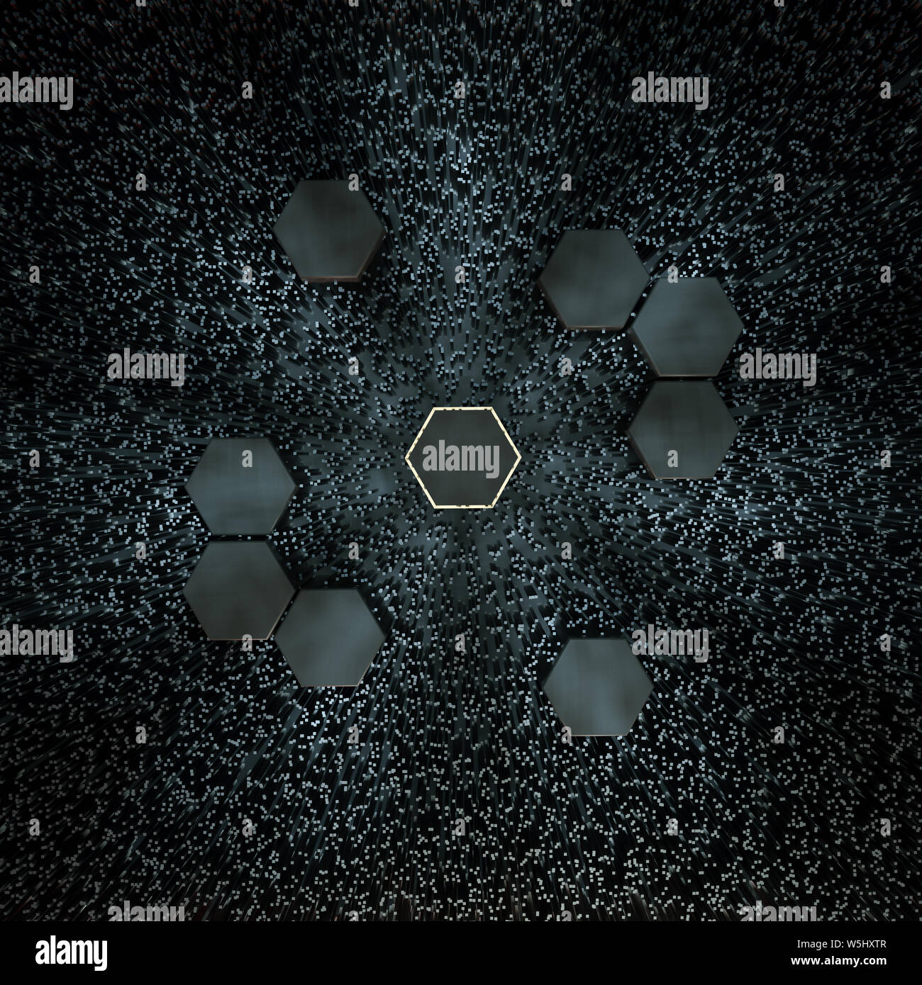 Hexagon cube with dark background, surrounded by glowing lines, 3d ...