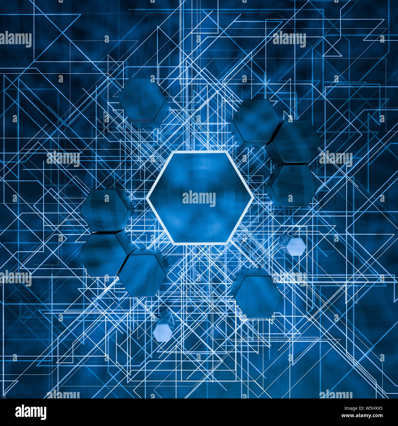 Hexagon cube with dark background, surrounded by glowing lines, 3d ...