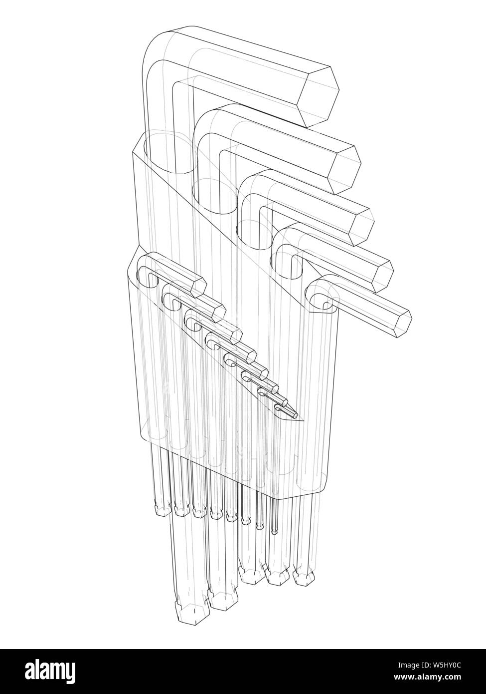 Set of hexagon tools. Vector rendering of 3d. Wire-frame style. The ...