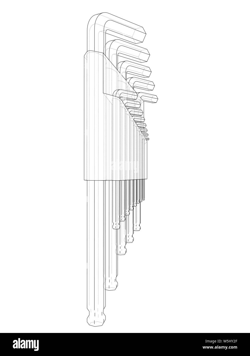 Set of hexagon tools. Vector rendering of 3d. Wire-frame style. The ...