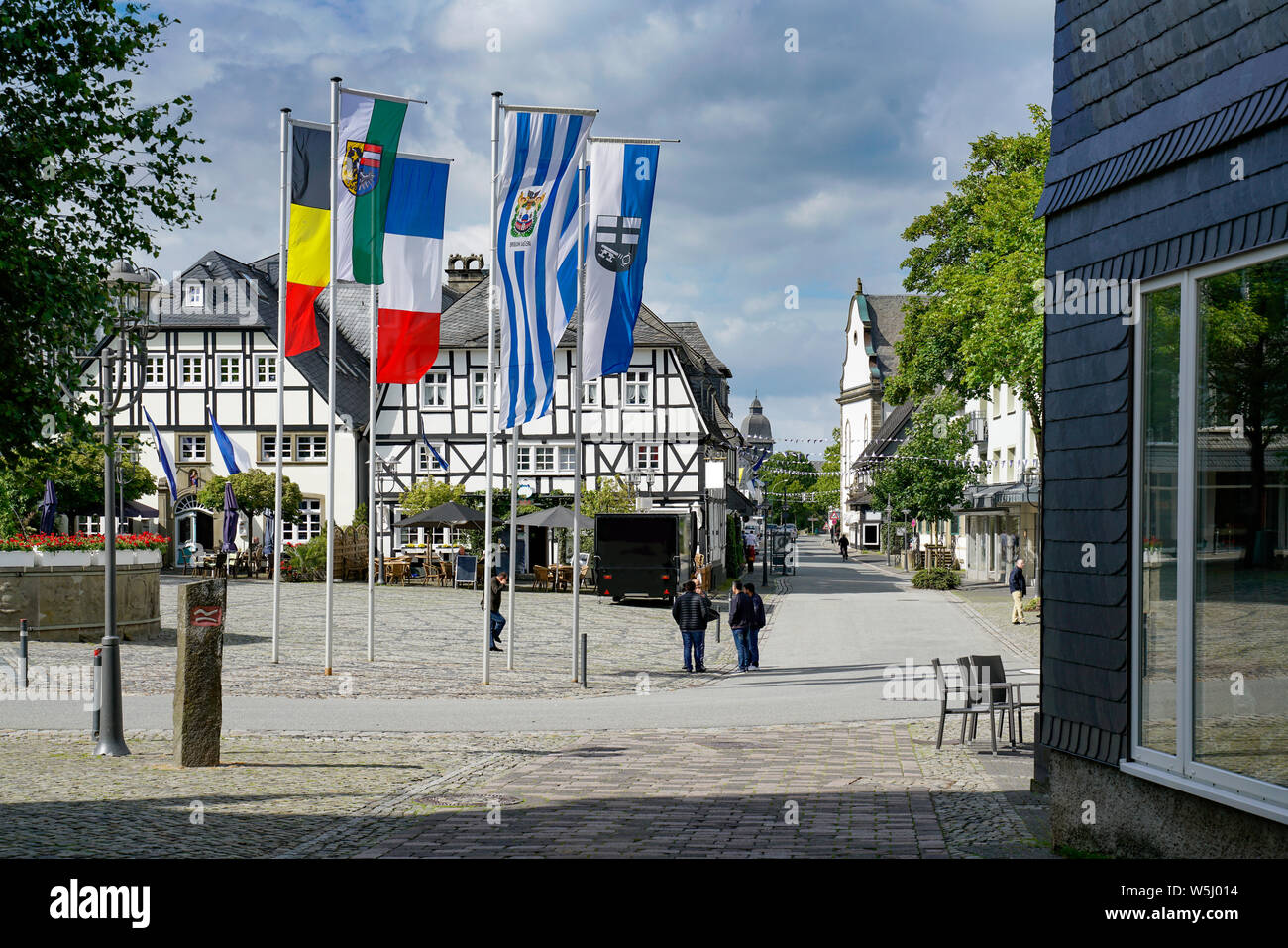Street cafe on the market square with half timbered houses hi-res stock ...