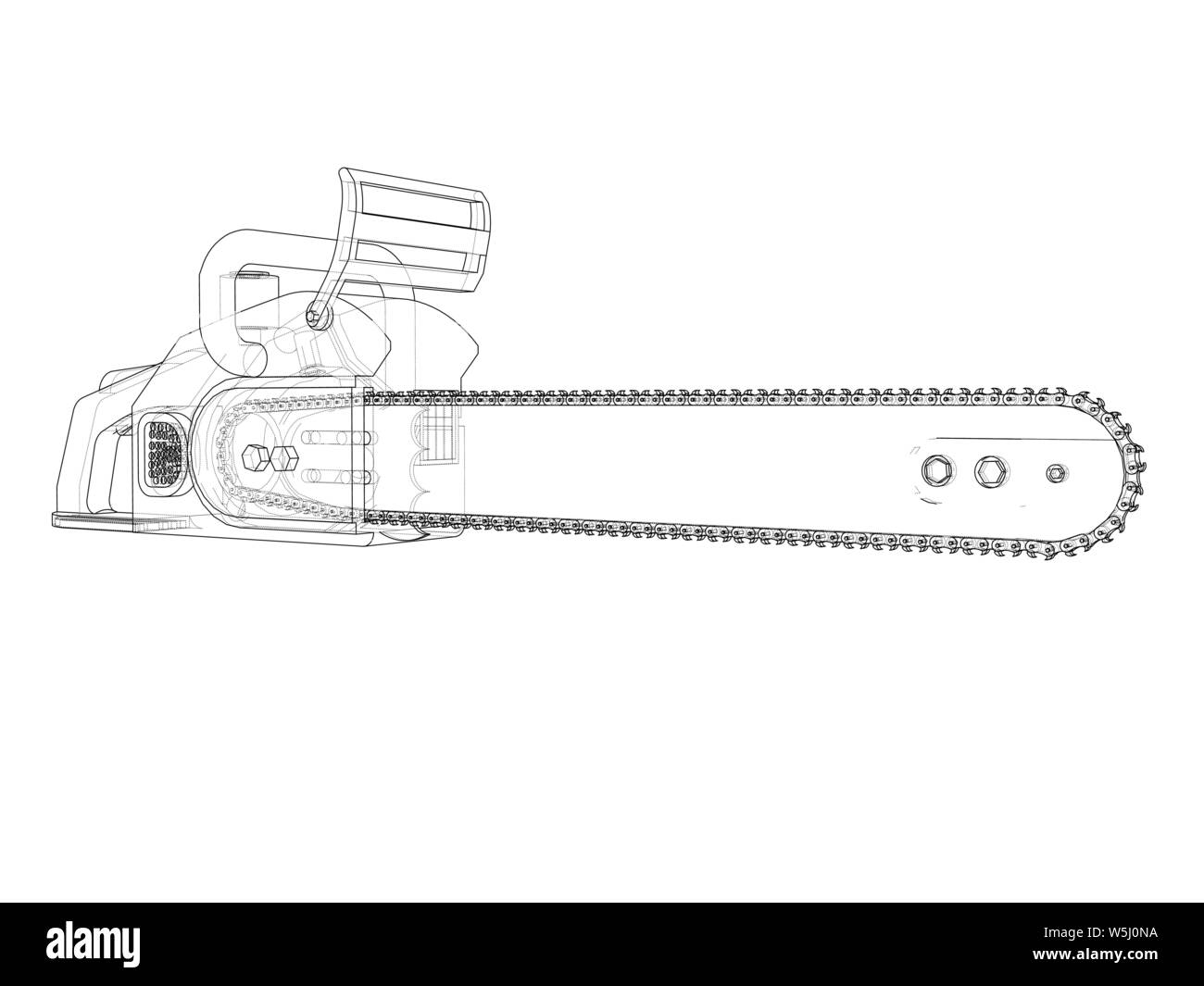 Chain saw. Vector rendering of 3d. Wire-frame style. The layers of ...