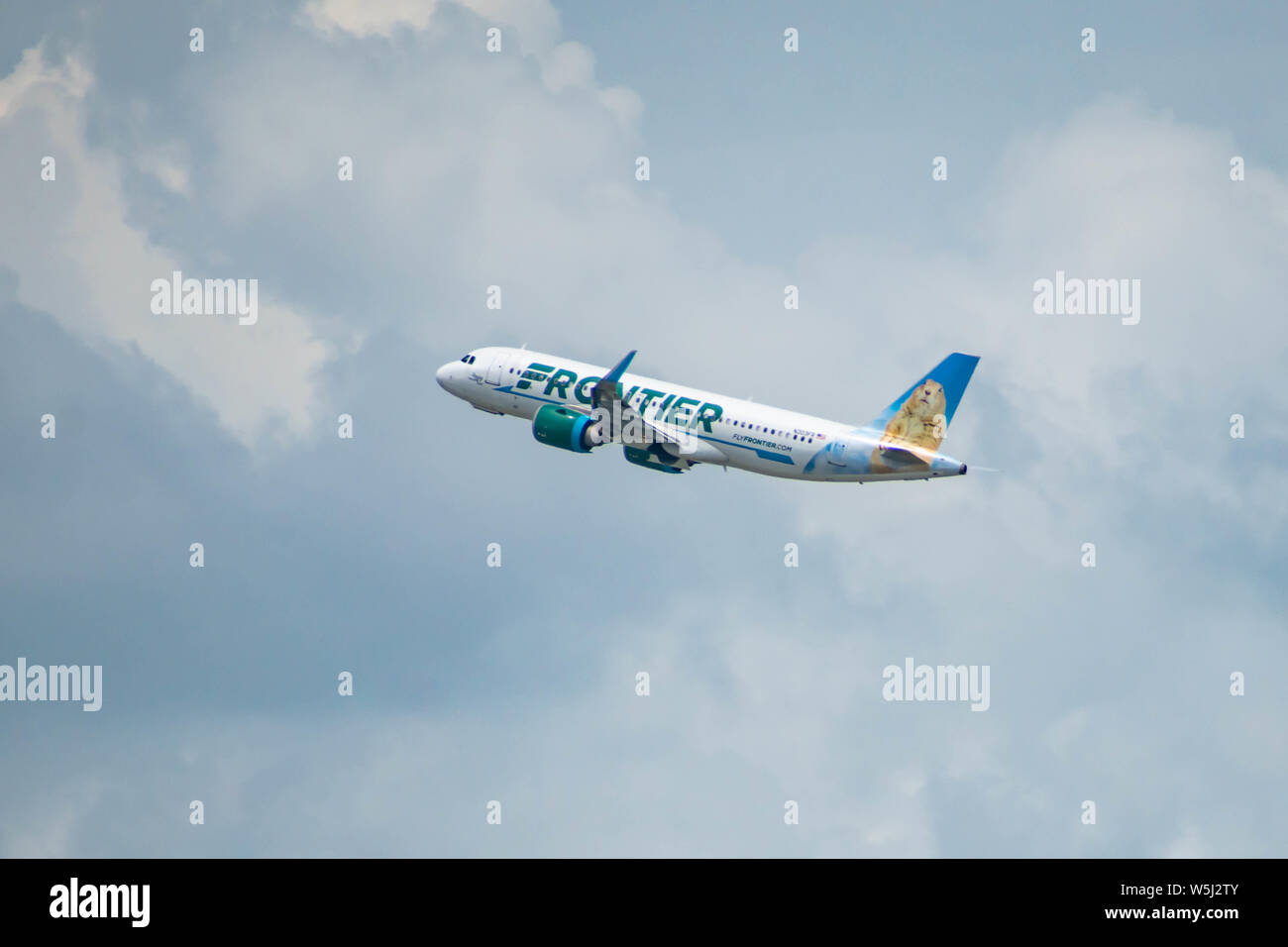 Orlando, Florida. July 09, 2019 . Frontier Airlines departing from ...