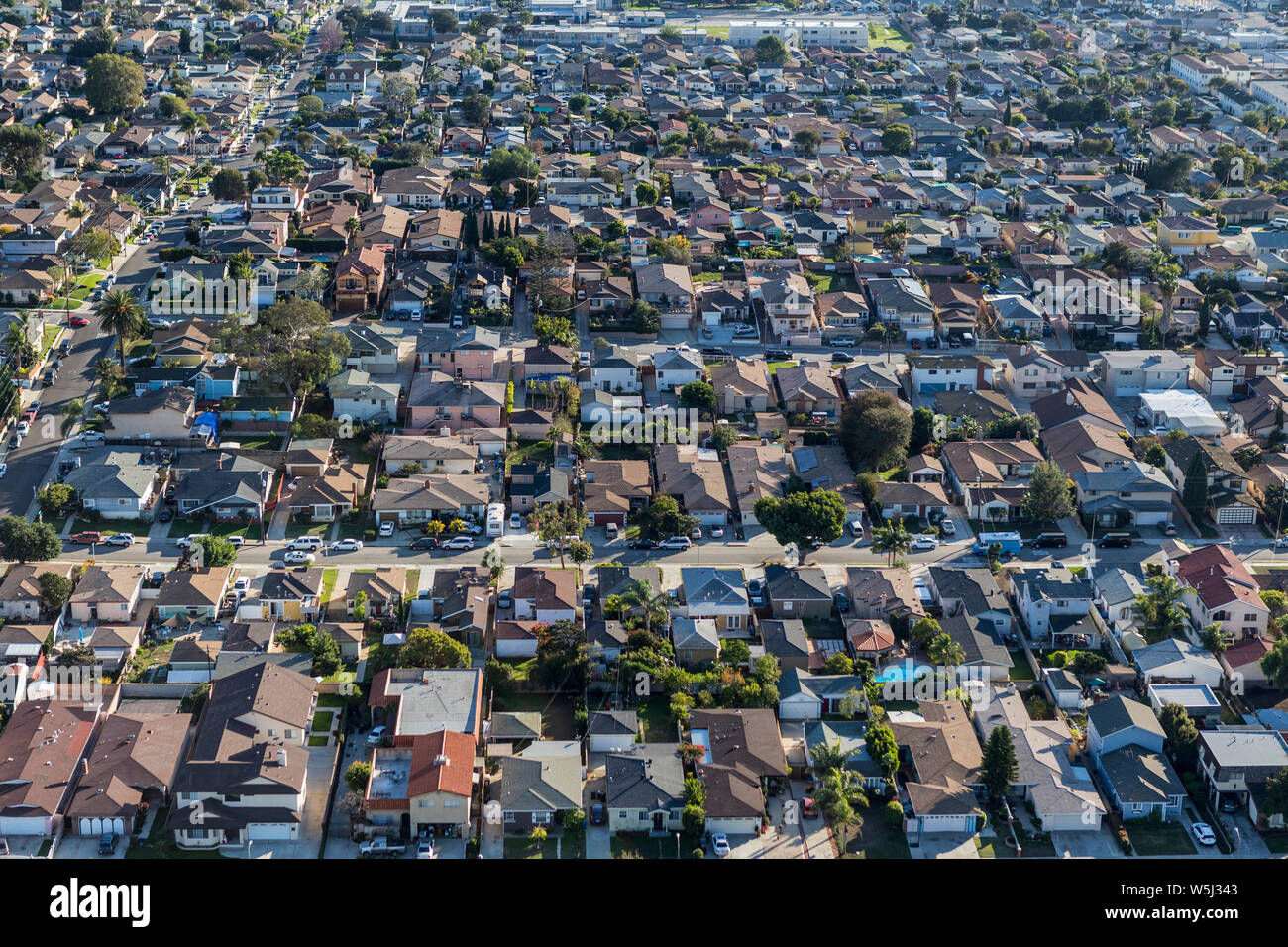 Aerial of dense residential neighborhood in Los Angeles County ...
