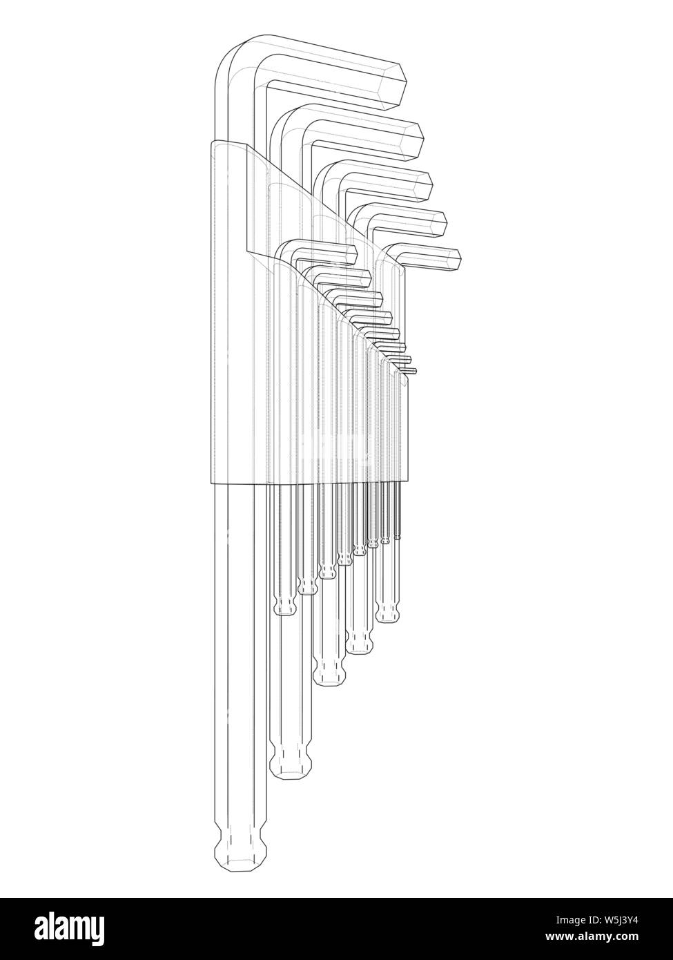 Set of hexagon tools. Vector rendering of 3d. Wire-frame style. The ...
