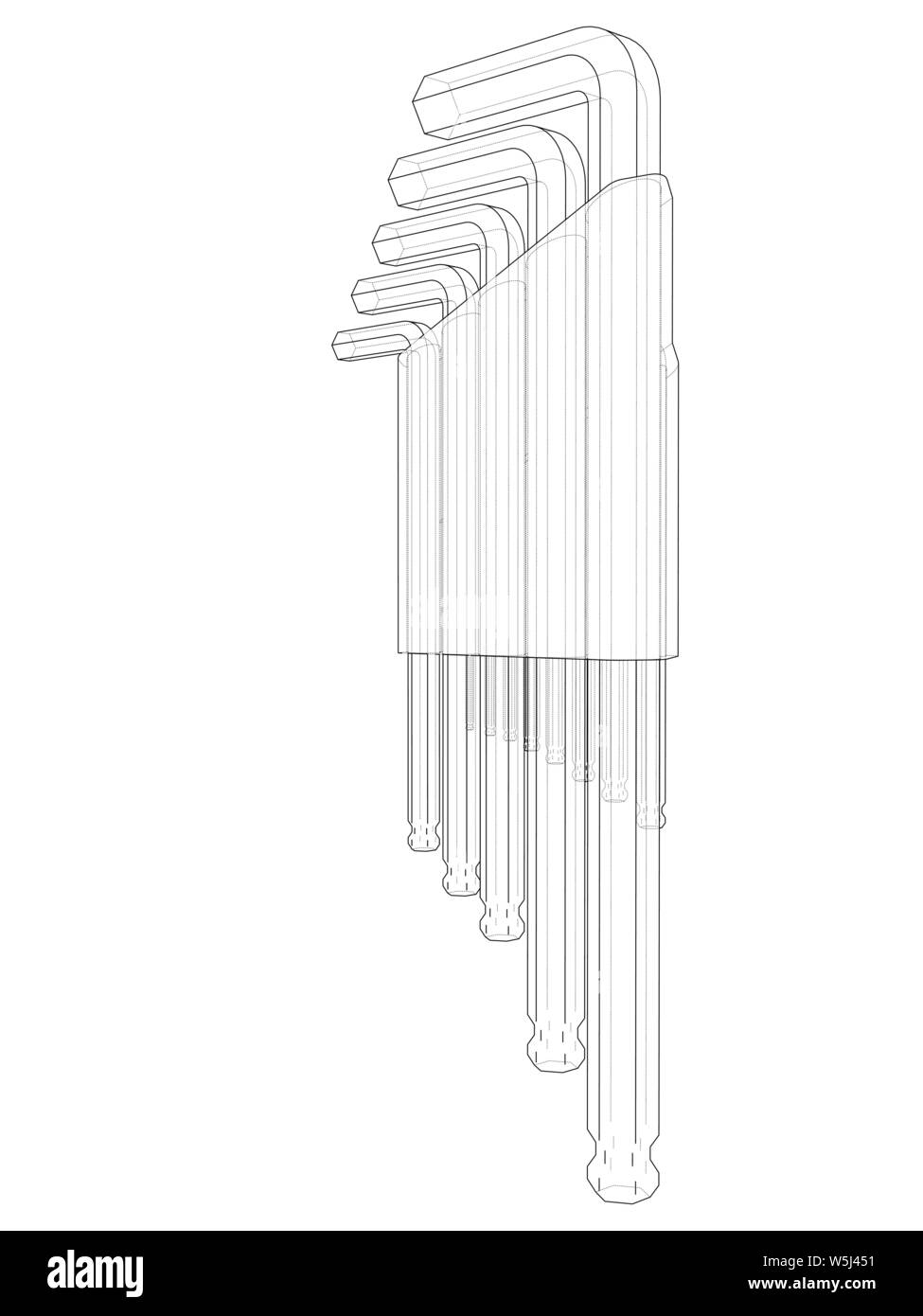 Set of hexagon tools. Vector rendering of 3d. Wire-frame style. The ...