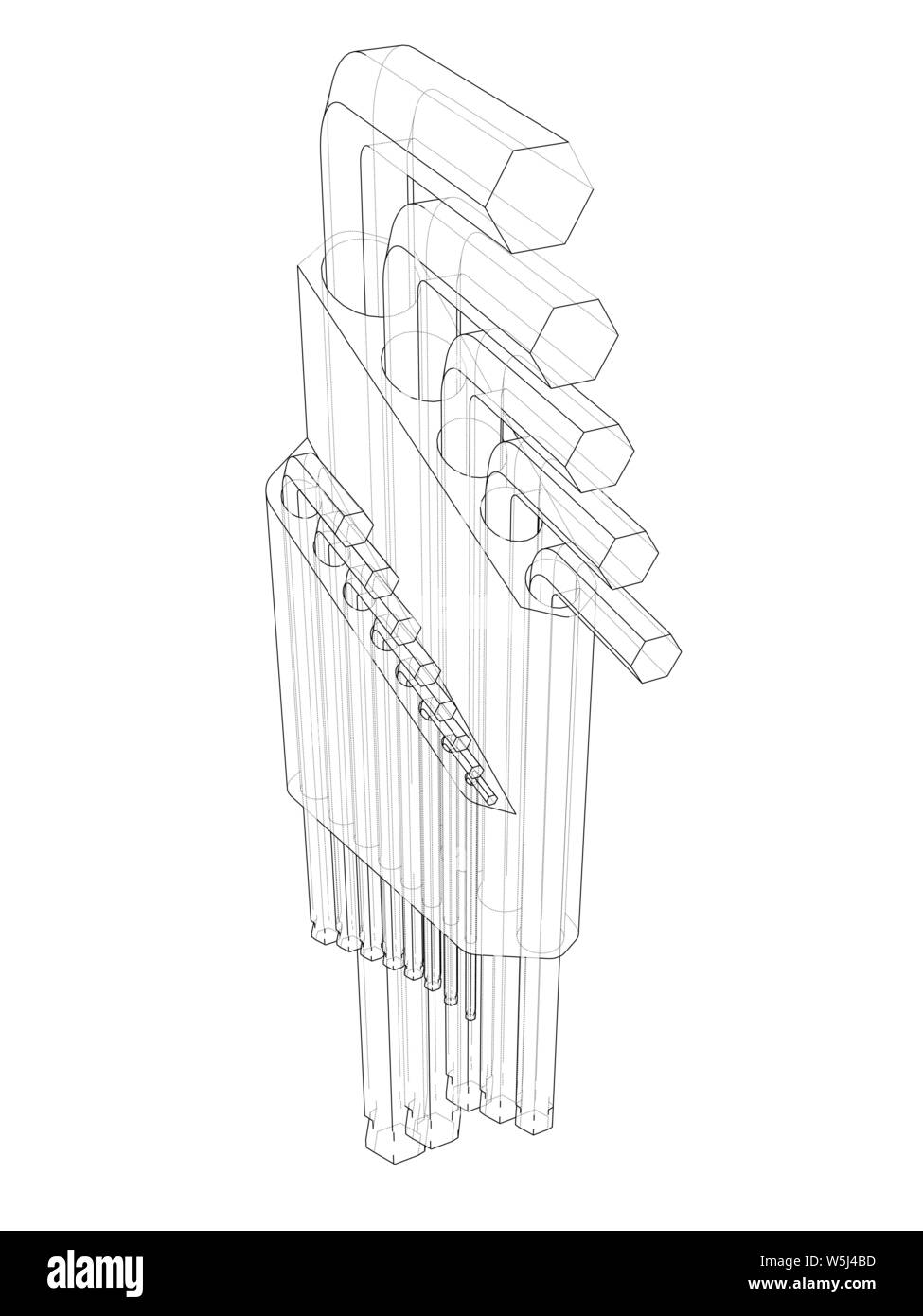 Set of hexagon tools. Vector rendering of 3d. Wire-frame style. The ...
