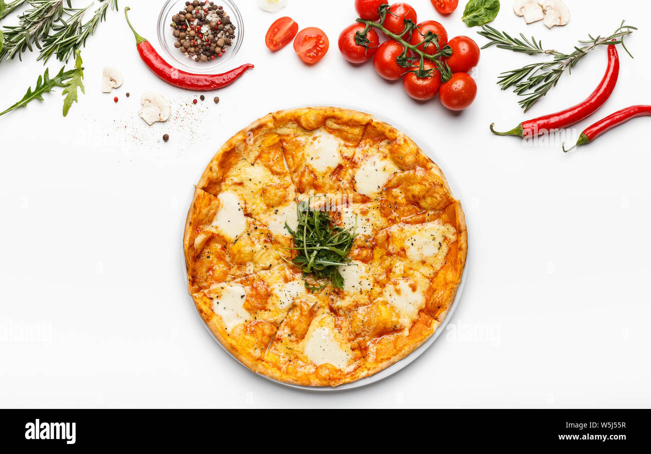 Cheesy Italian pizza with border of ingredients Stock Photo - Alamy