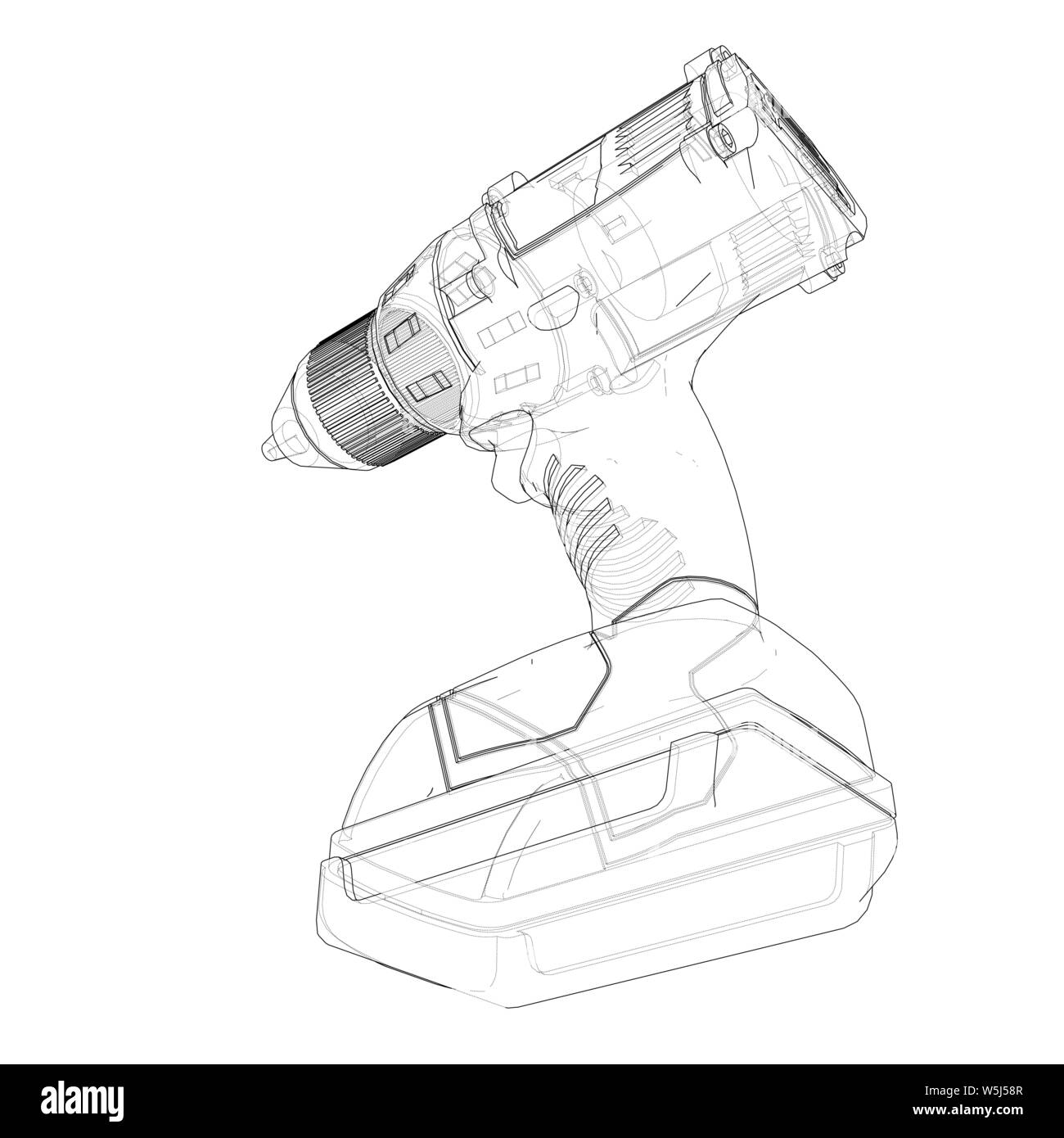 Electric cordless screwdriver. Vector rendering of 3d. Wire-frame style ...