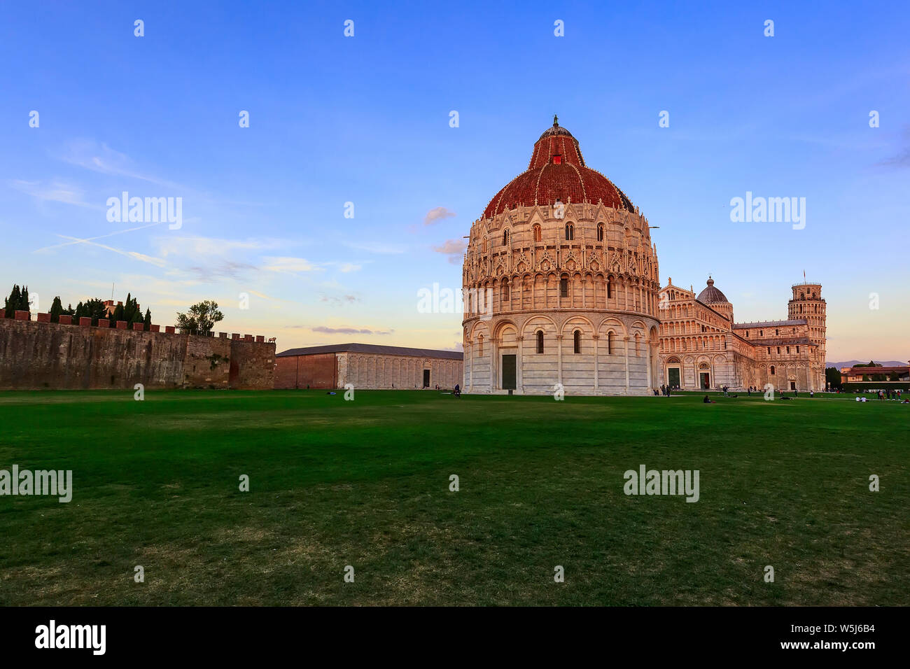 Pisa, Italy view of Baptistery, Pisa Cathedral and the Leaning Tower on ...