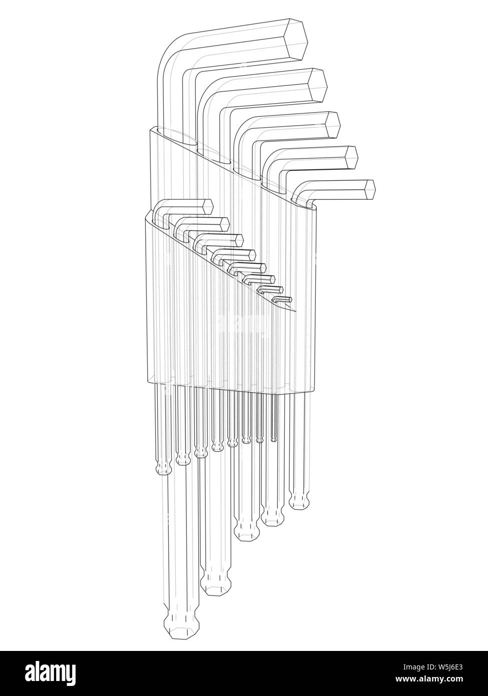 Set of hexagon tools. Vector rendering of 3d. Wire-frame style. The ...