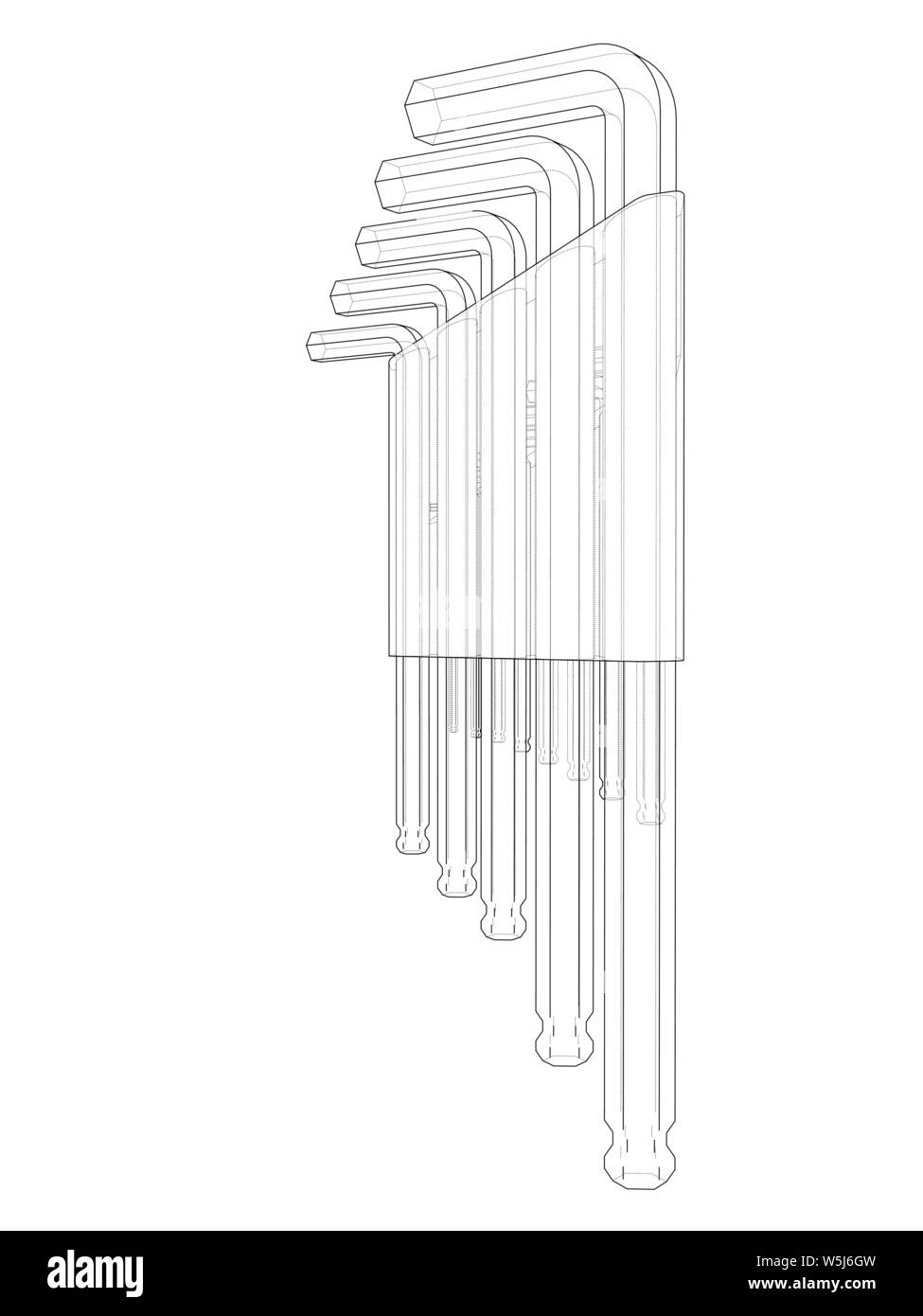 Set of hexagon tools. Vector rendering of 3d. Wire-frame style. The ...