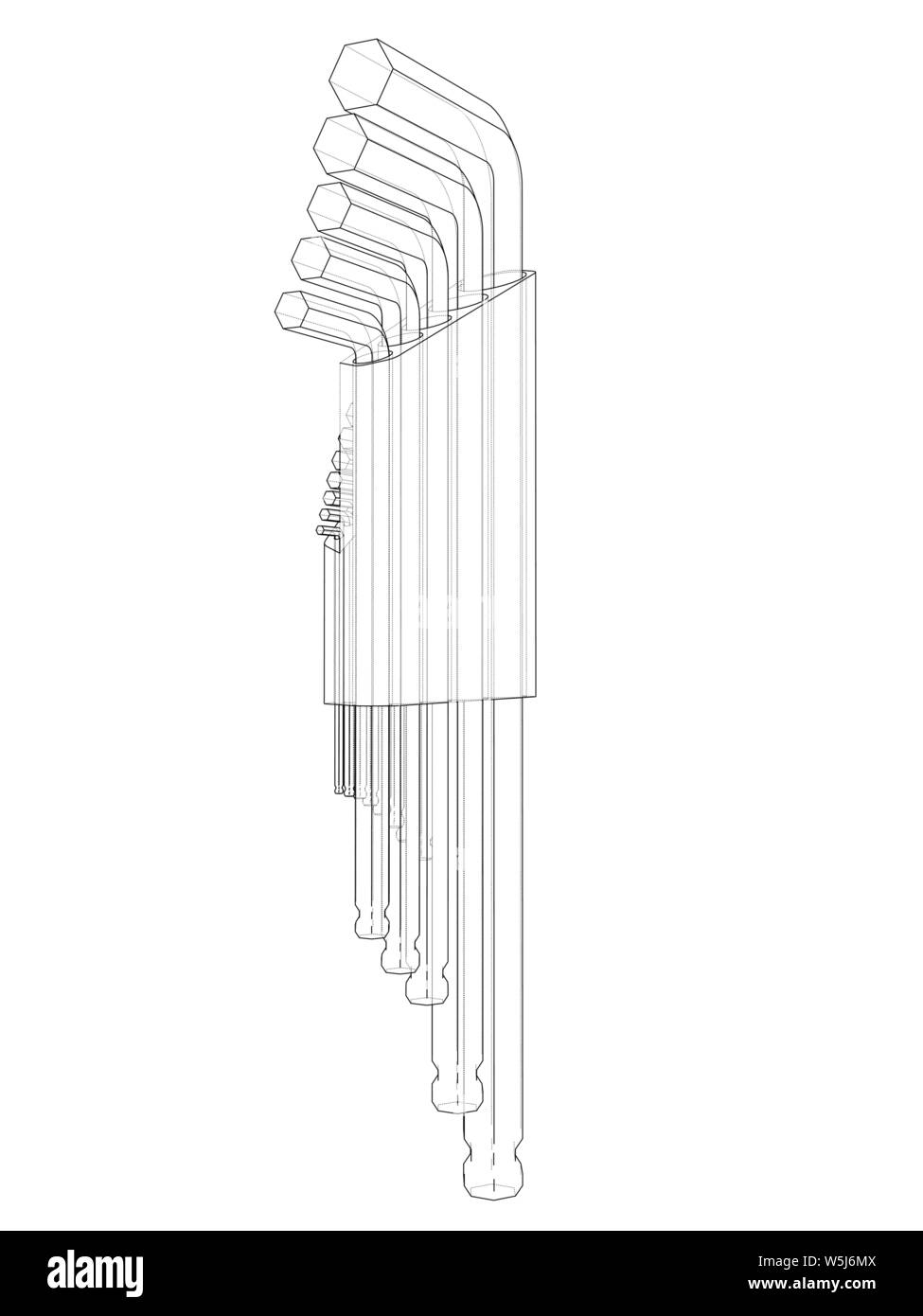 Set of hexagon tools. Vector rendering of 3d. Wire-frame style. The ...