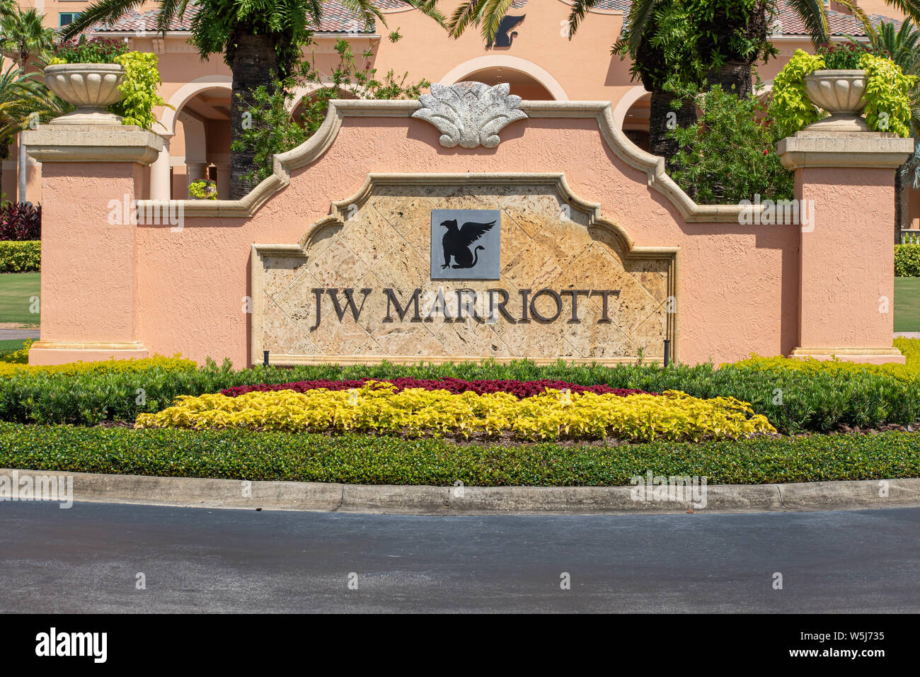 Orlando, Florida. July 16, 2019. JW Marriott sign at John Yaung Parkway ...