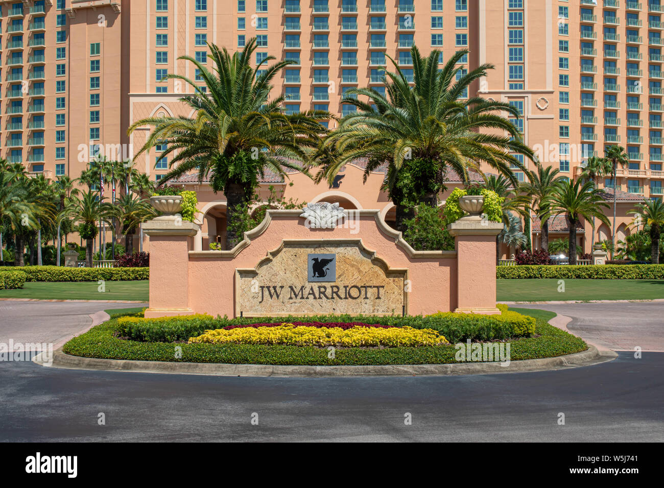 Orlando, Florida. July 16, 2019. JW Marriott sign at John Yaung Parkway ...