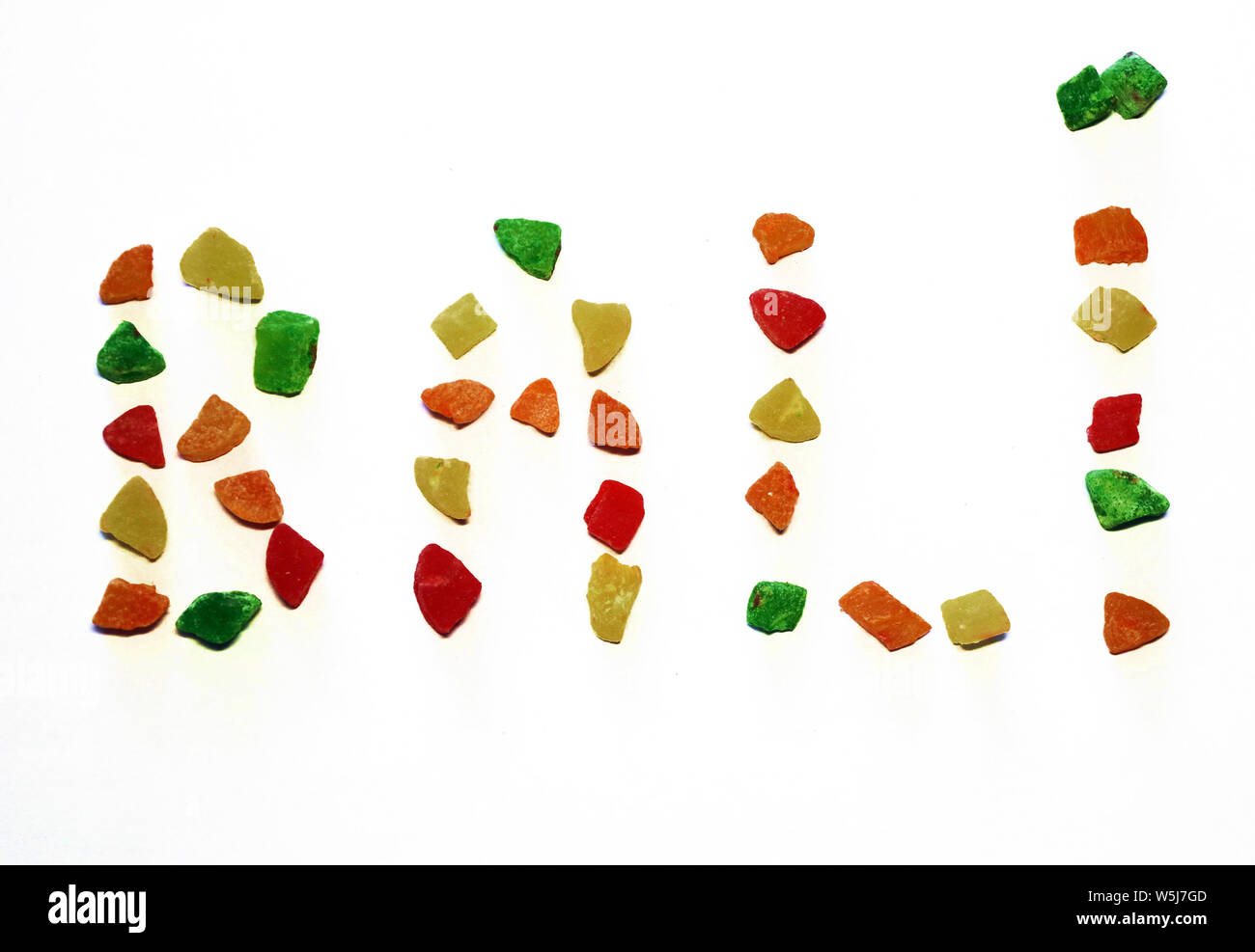 The word BALI is laid out with colored candied dried fruits Stock Photo ...