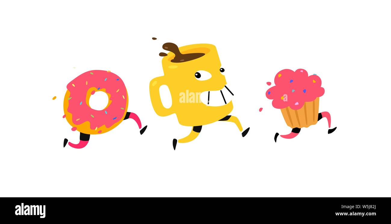 Illustration of running snacks. Vector. Characters cup of coffee, donut ...