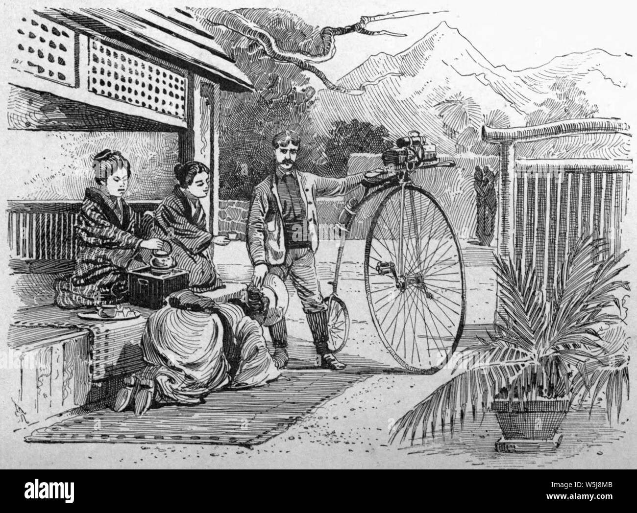 A drawn depiction of Thomas Stevens in Japan, from the book about his ...