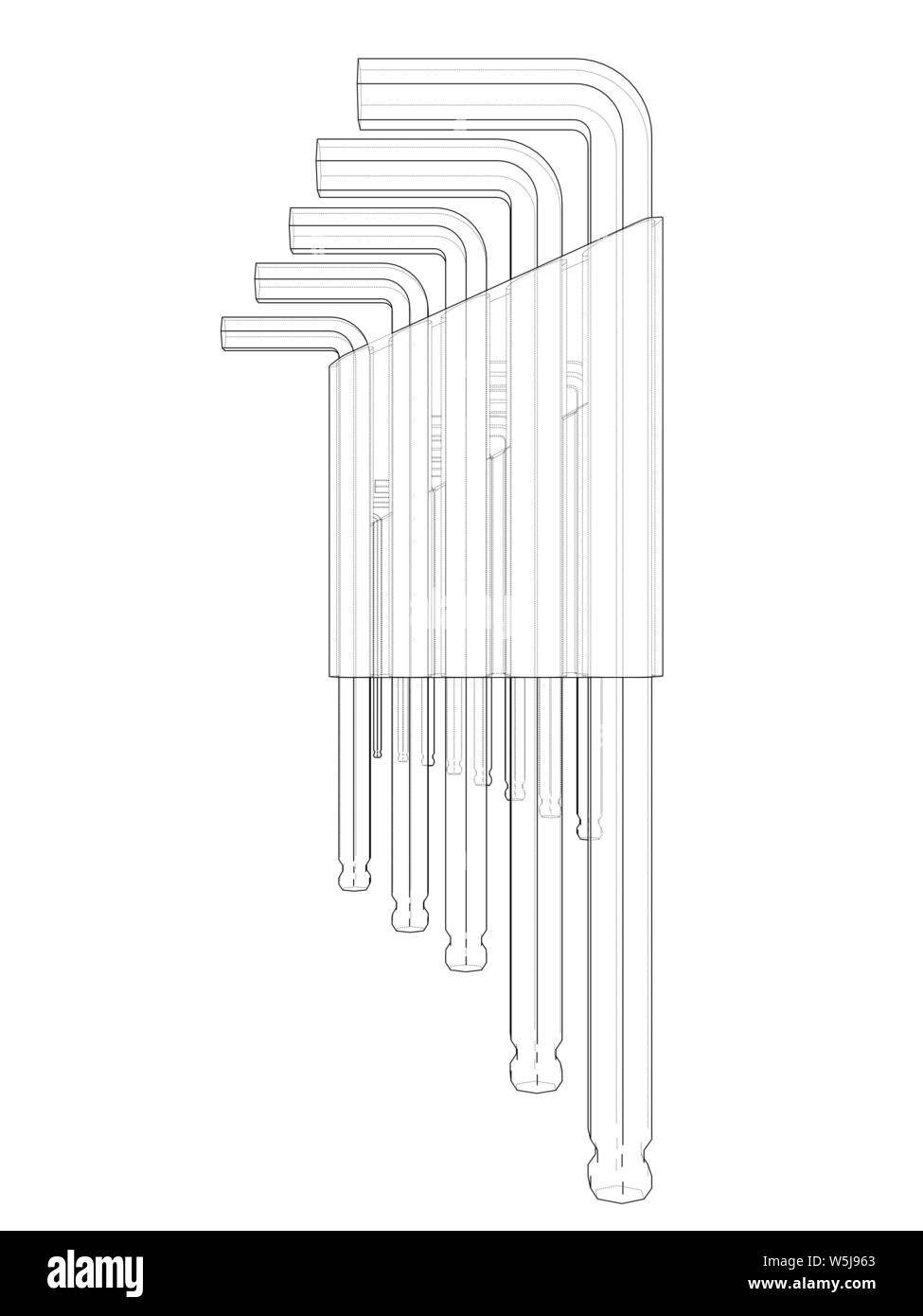 Set of hexagon tools. Vector rendering of 3d. Wire-frame style. The ...