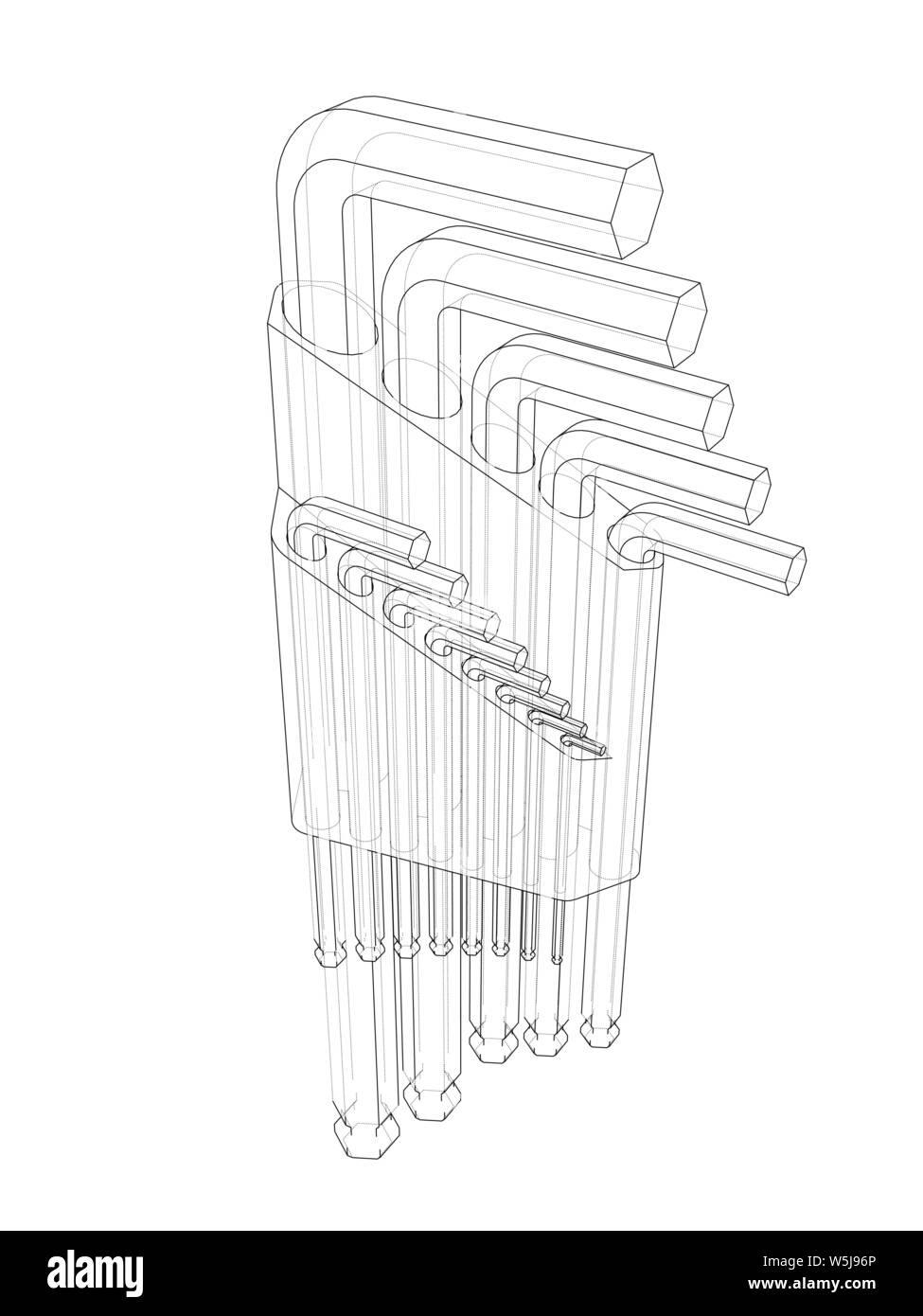 Set of hexagon tools. Vector rendering of 3d. Wire-frame style. The ...