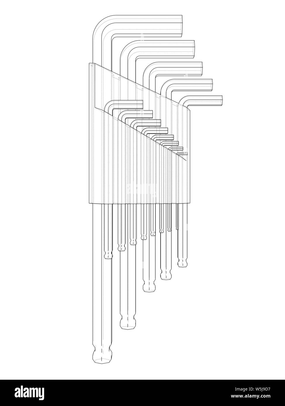 Set of hexagon tools. Vector rendering of 3d. Wire-frame style. The ...