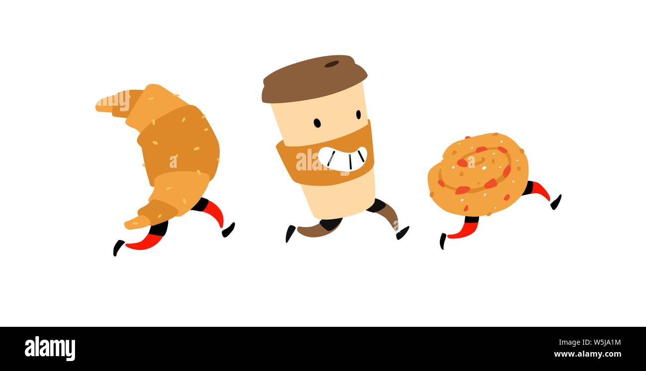 Illustration of running snacks. Vector. Characters glass of coffee ...