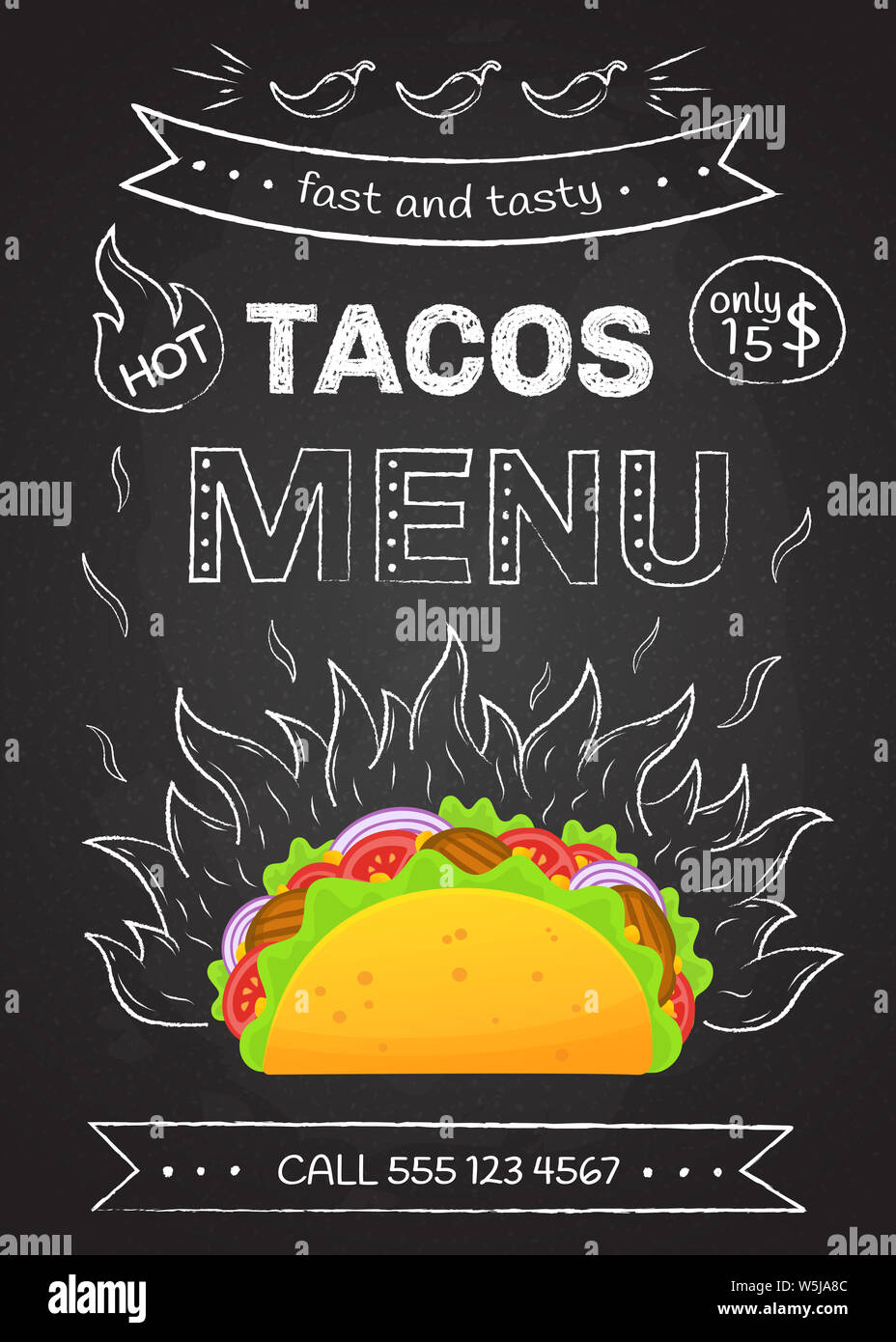 Mexican cuisine fastfood tacos menu illustration. Retro flame chalk ...