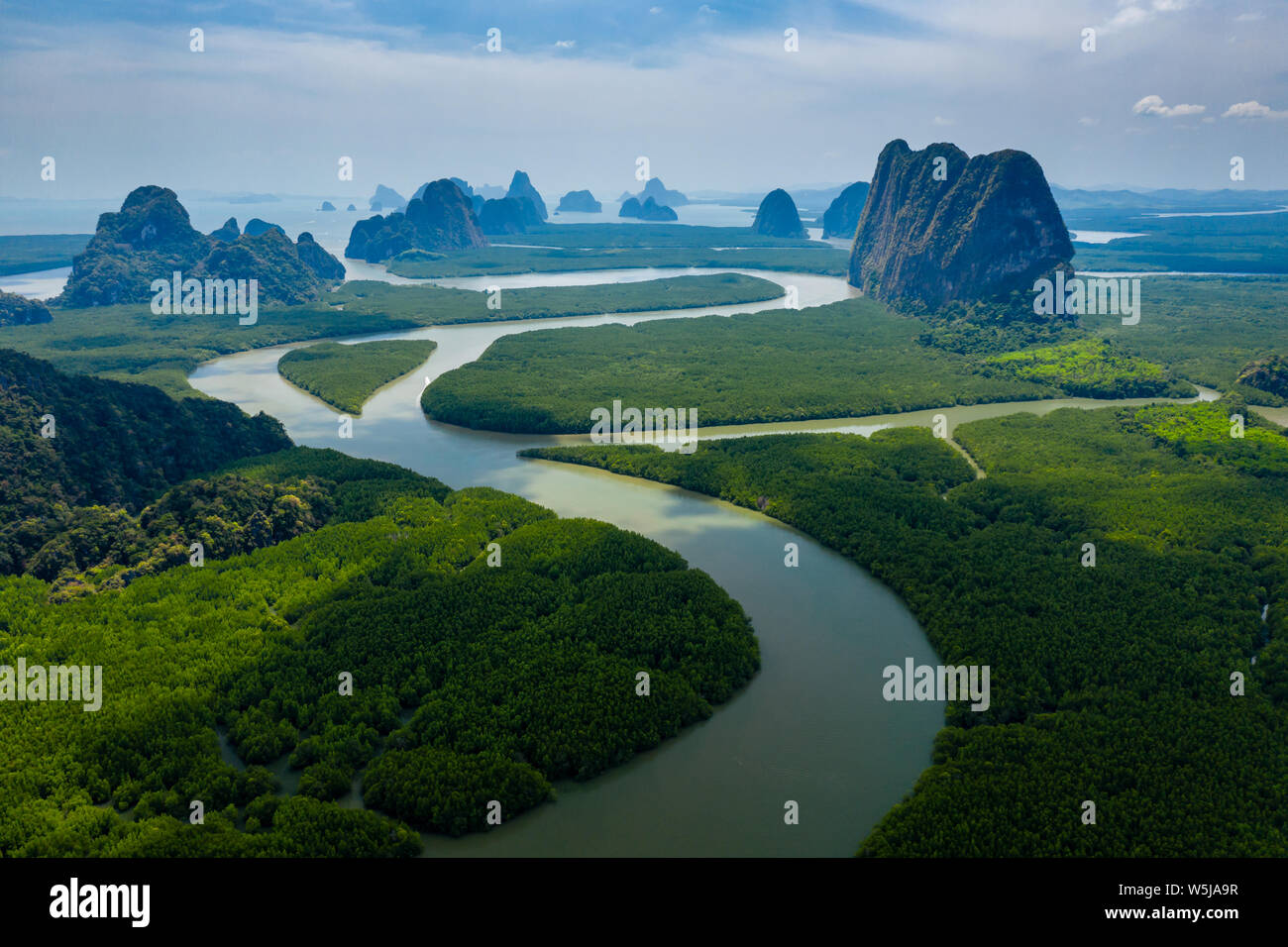 Aerial drone view of towering limestone cliffs and mangrove forest in ...