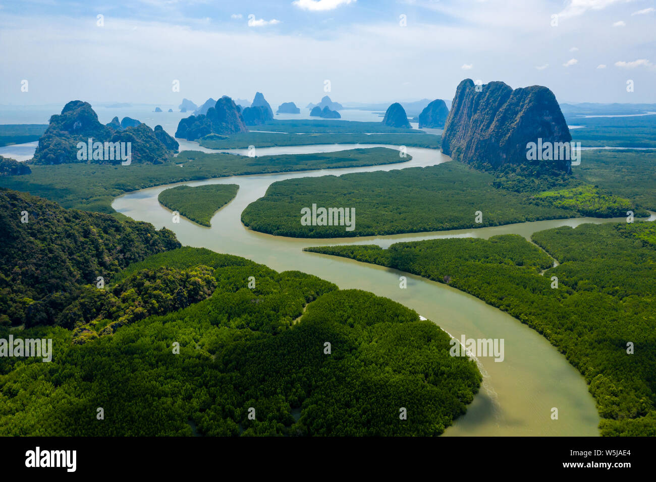 Aerial view of mangrove forest and huge limestone cliffs in southeast ...