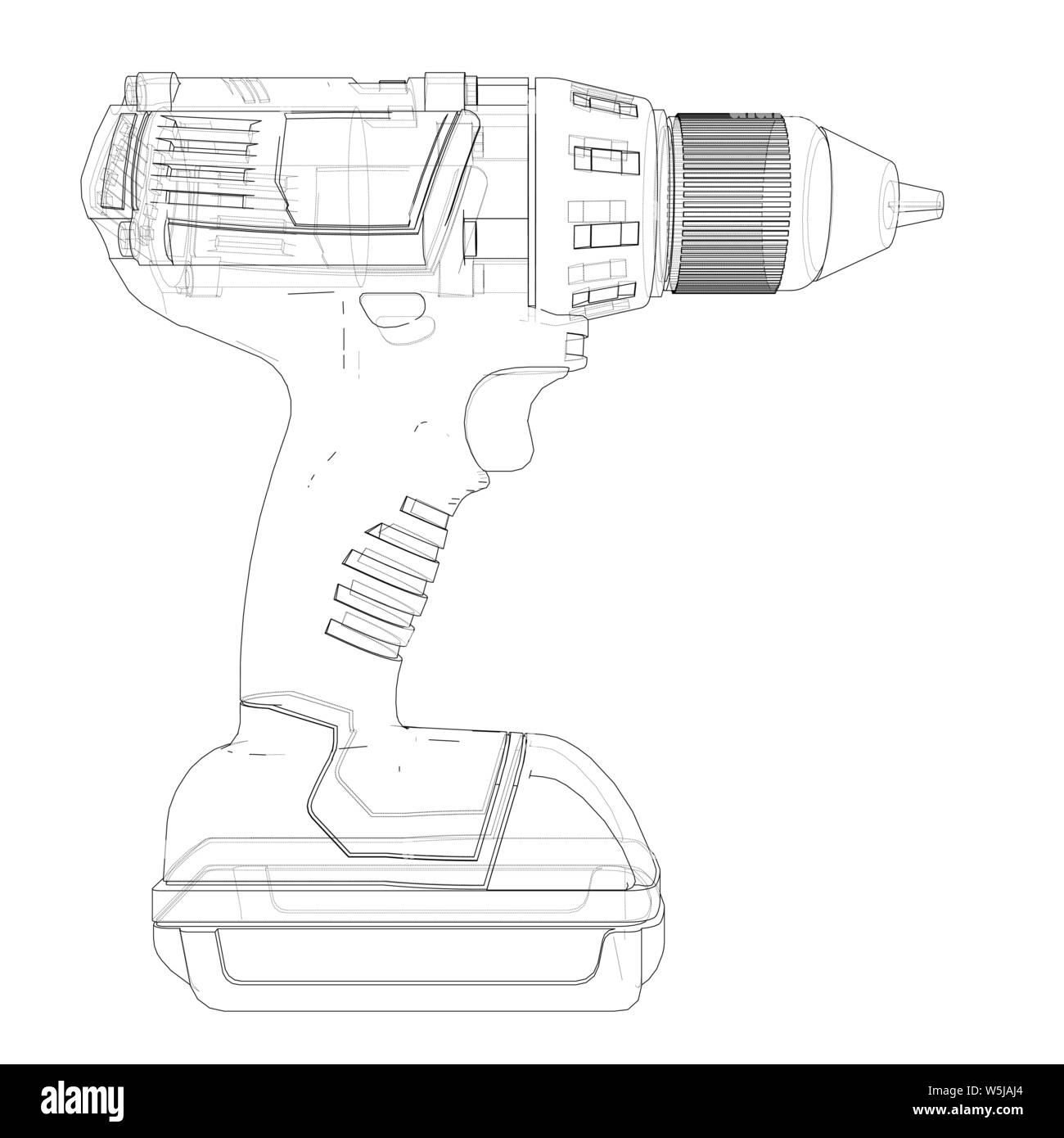 Electric cordless screwdriver. Vector rendering of 3d. Wire-frame style ...