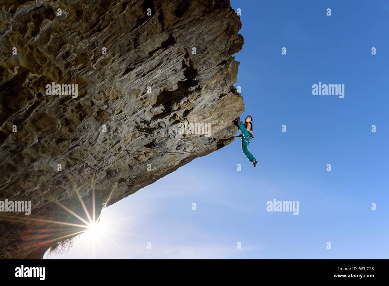 Rock climbing, Wye Creek, New Zealand. Sarah Hay, model released Stock ...