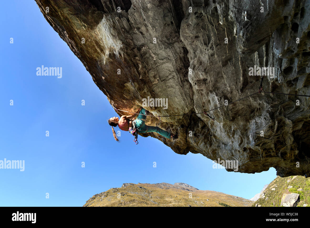 Rock climbing, Wye Creek, New Zealand. Sarah Hay, model released Stock ...