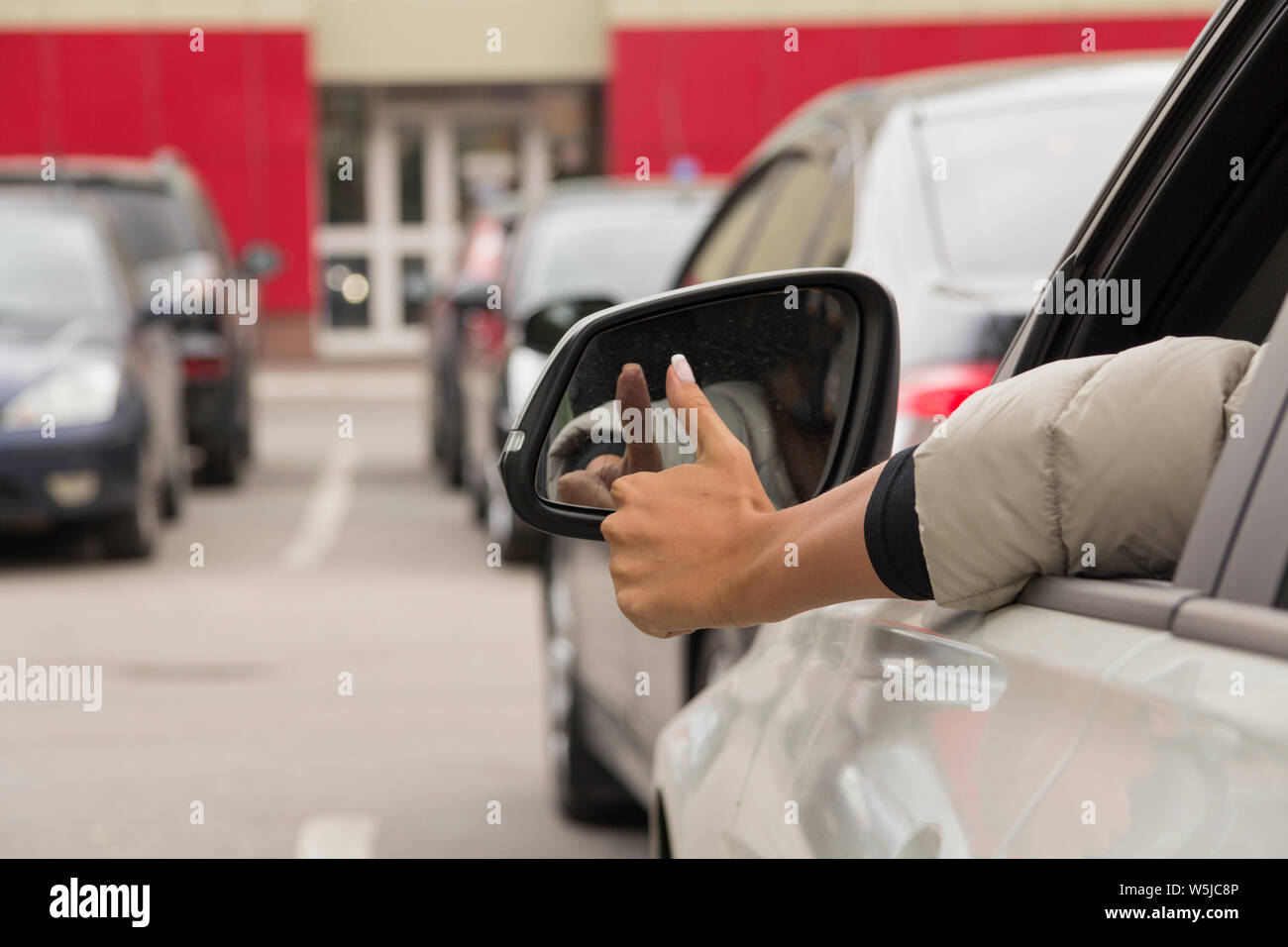 girl makes a gesture with his hand out the window of a passenger car ...