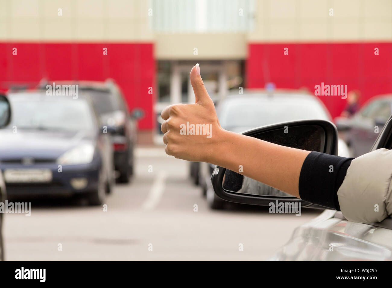 girl makes a gesture with his hand out the window of a passenger car ...