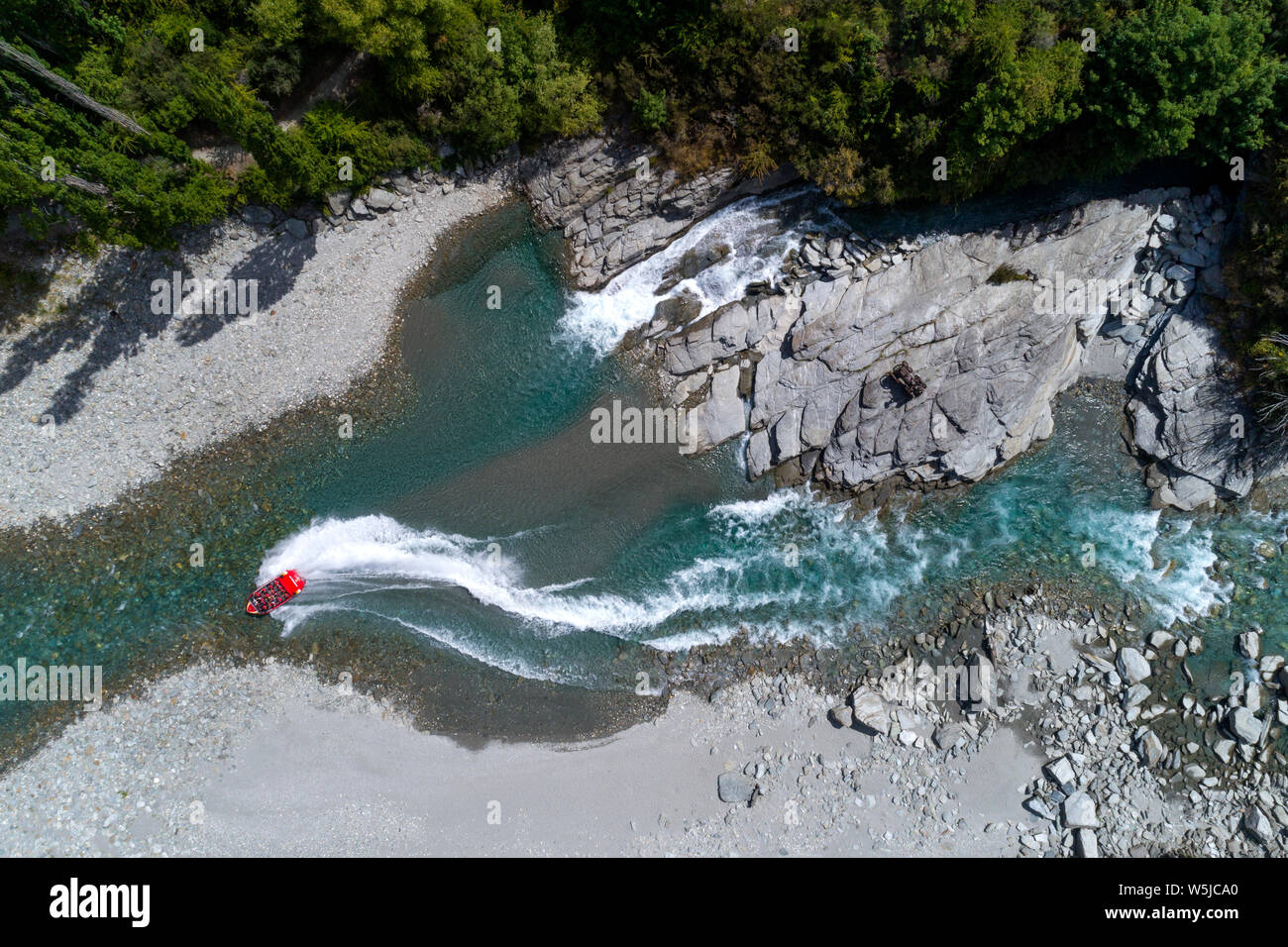 Shotover Jet aerial on the Shotover River, Queenstown, New Zealand ...