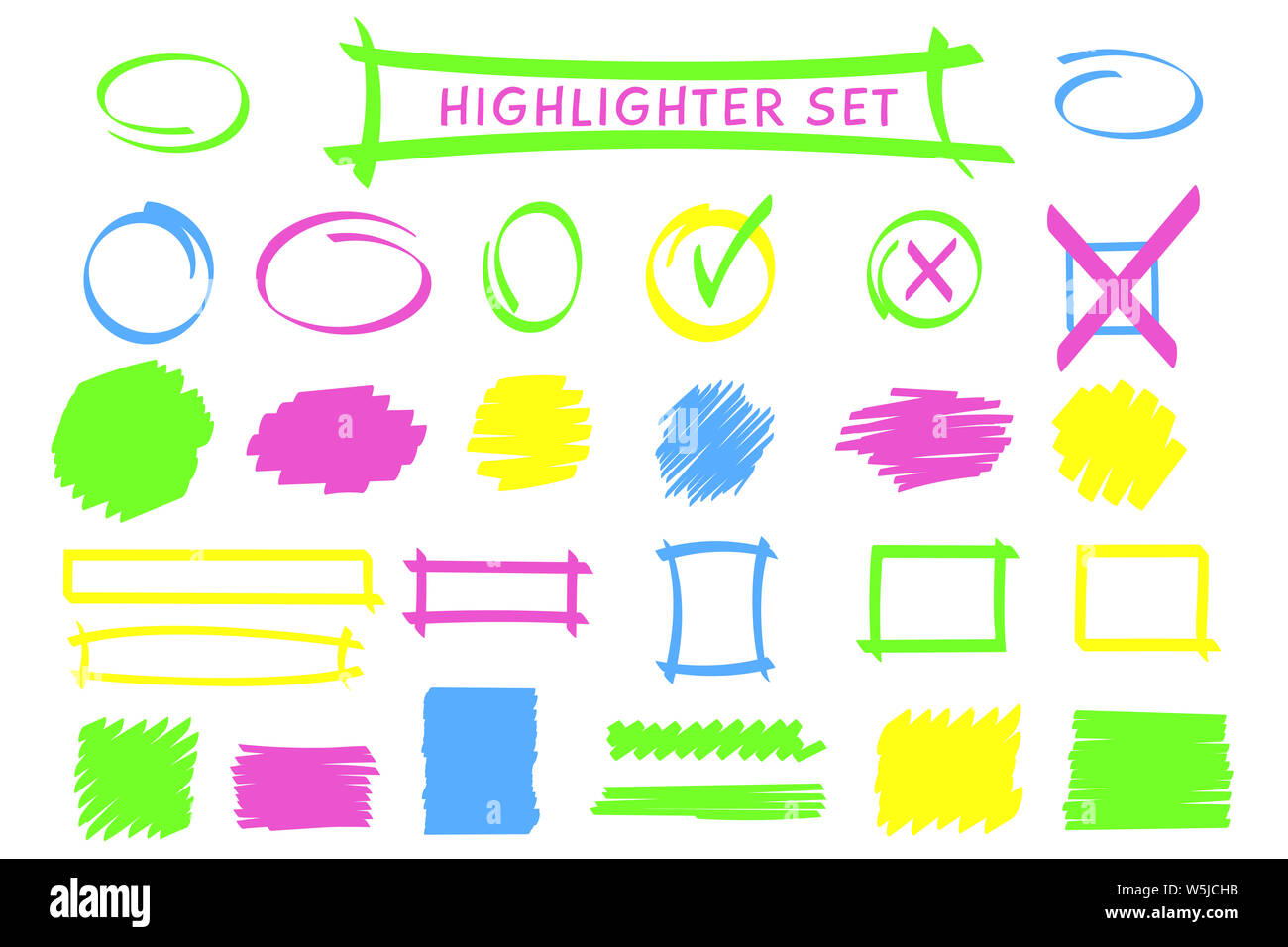 Neon highlight pen frames and scribble set illustration. Group of ...