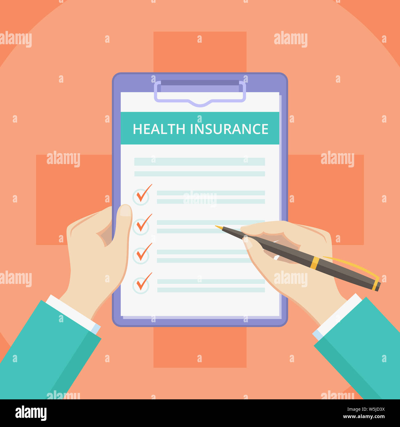 Medical insurance policy on clipboard with hands illustration. Health ...