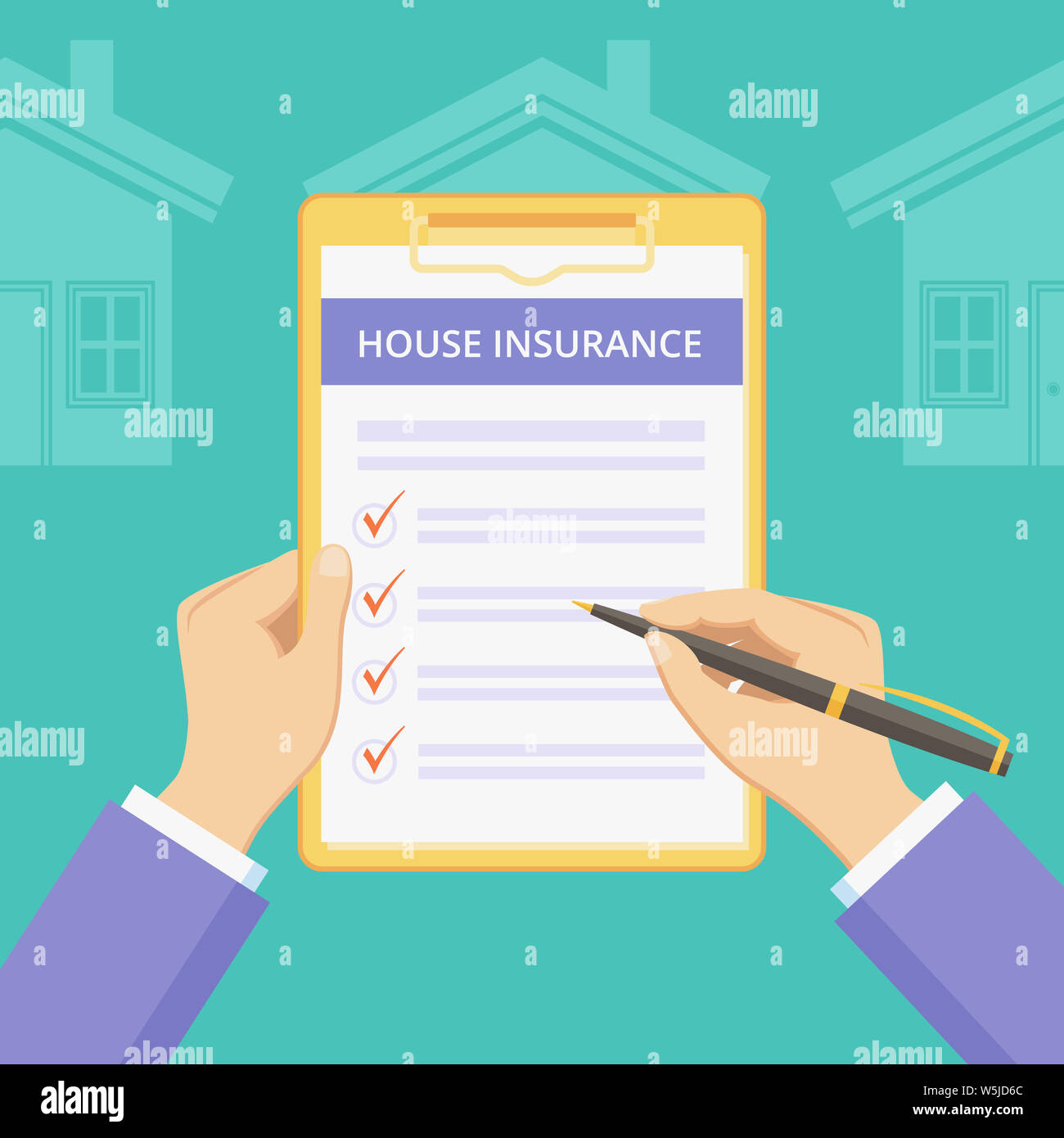 House insurance policy on clipboard with hands illustration. Mortgage ...