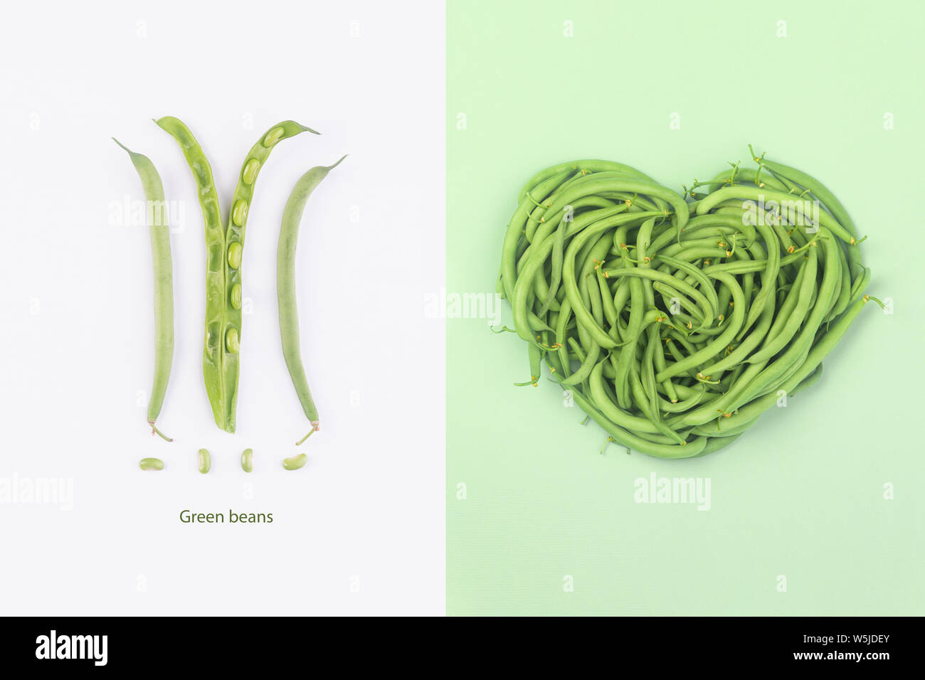 Creative layout made of heart of green beans on green background Stock ...