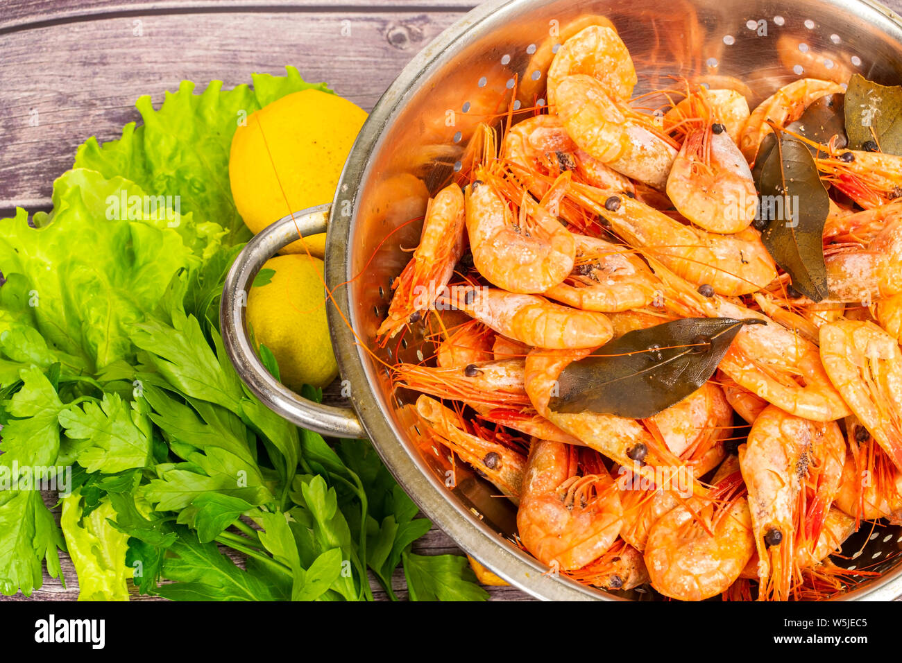 Cooked Atlantic prawns flow around in a stainless steel colander Stock ...