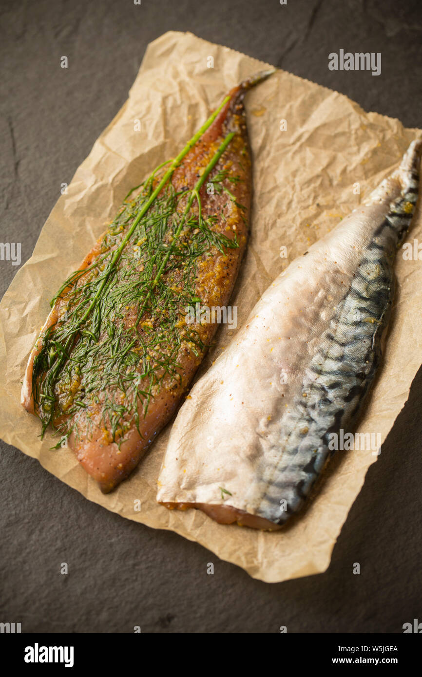 Whole raw mackerel fillets that have been used to make gravlax, or ...