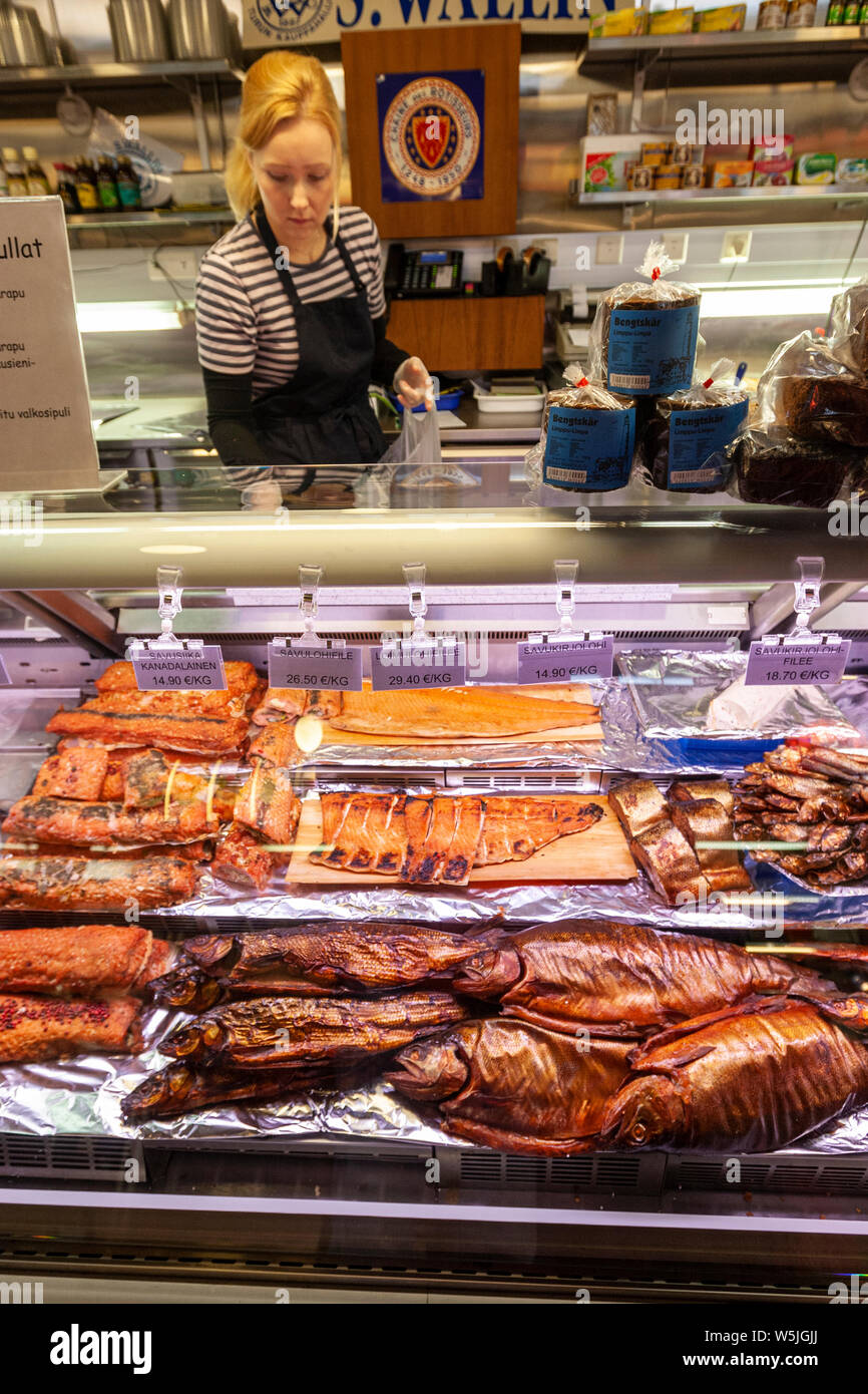Smoked fish in Food stalls in Turku Market Hall, Turku, Finland Stock ...